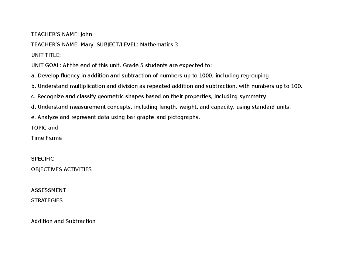 Unit plan in math - unit plan in math - TEACHER’S NAME: John TEACHER’S ...