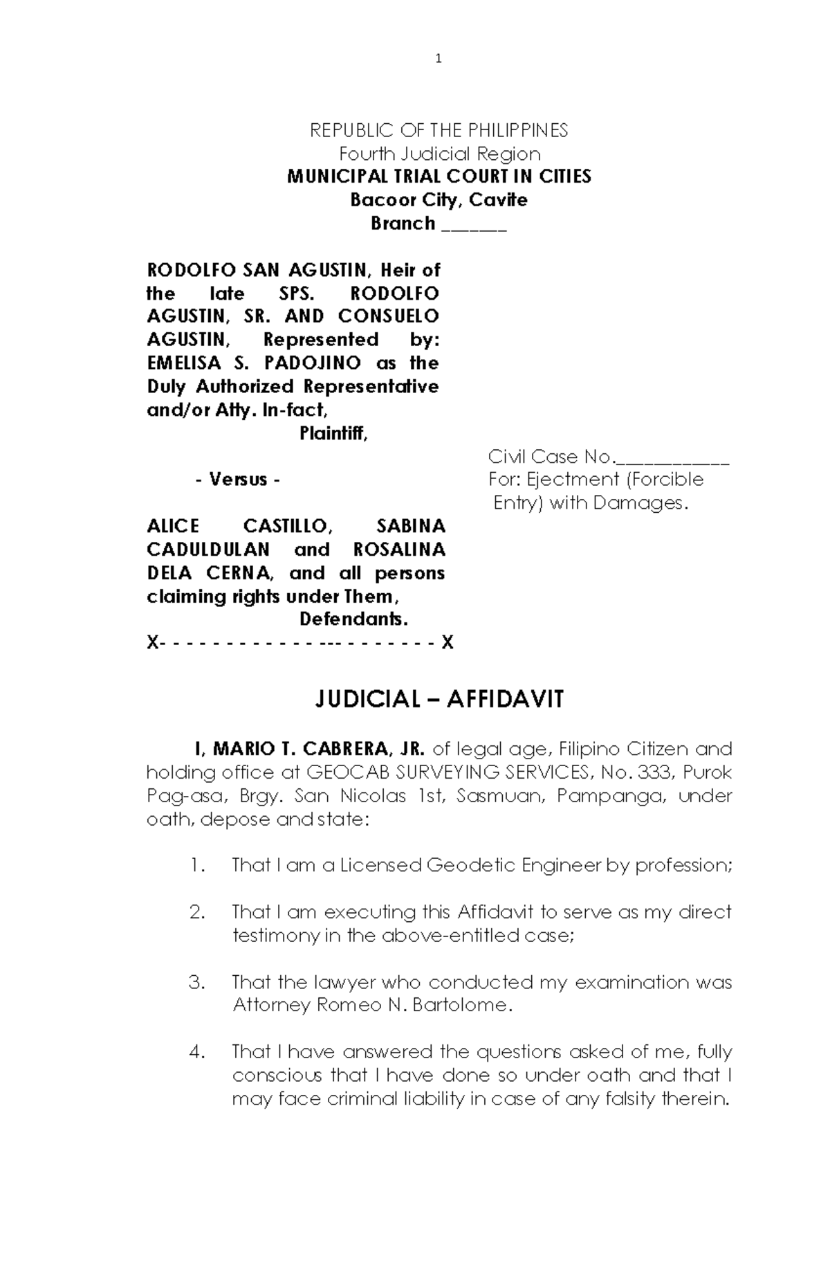 Judicial Affidavit of Geodetic Engineer Mario T. Cabrera Jr. in Civil ...