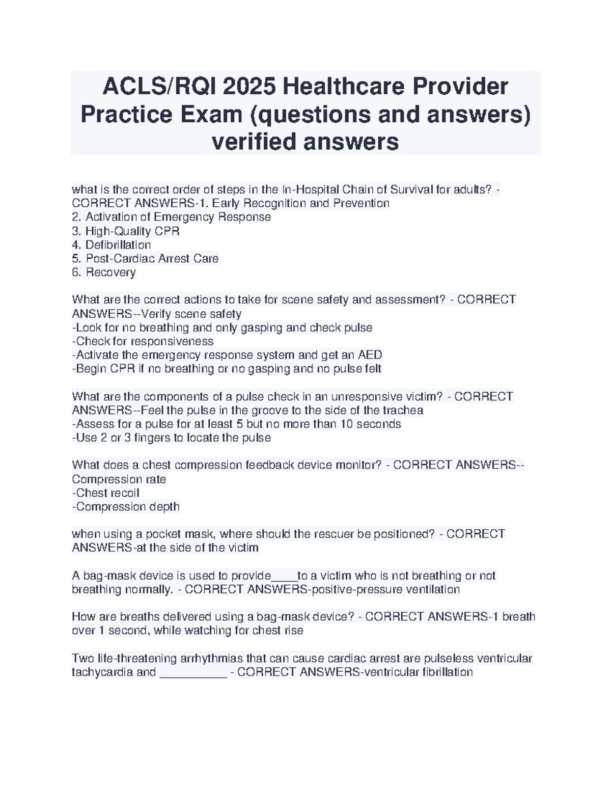 ACLS 2025 Practice Exam: Verified Solutions for Chain of Survival Steps ...