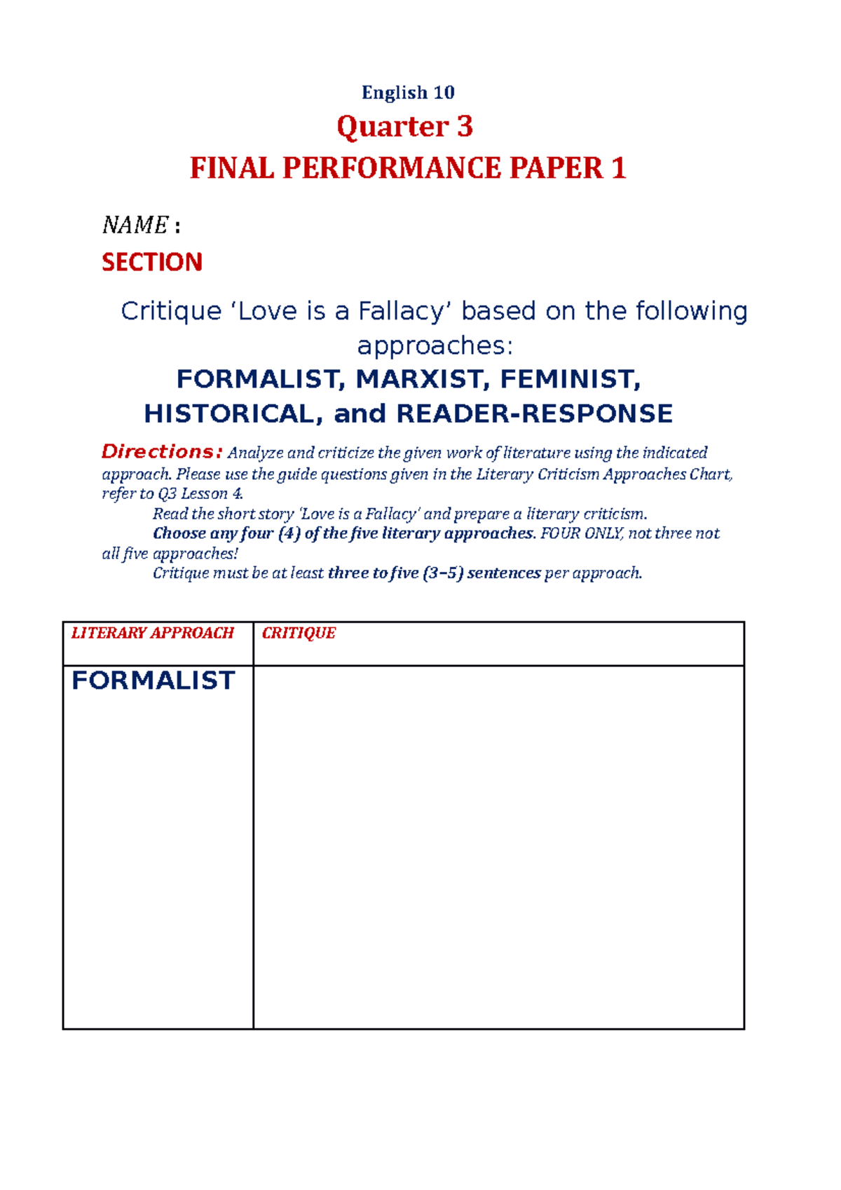 English 10 Q3 - Final Performance Paper: Critique of 'Love is a Fallacy ...