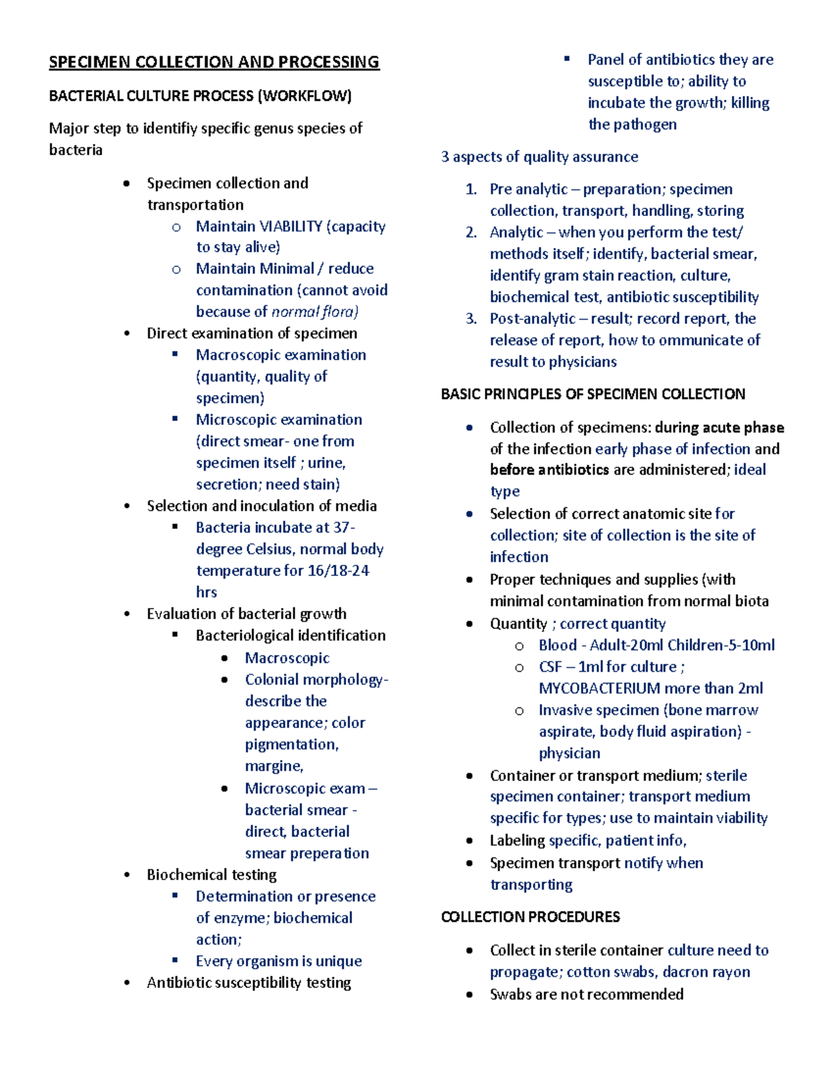 BACT211 Specimen Collection AND Processing (LAB Transes) - SPECIMEN ...