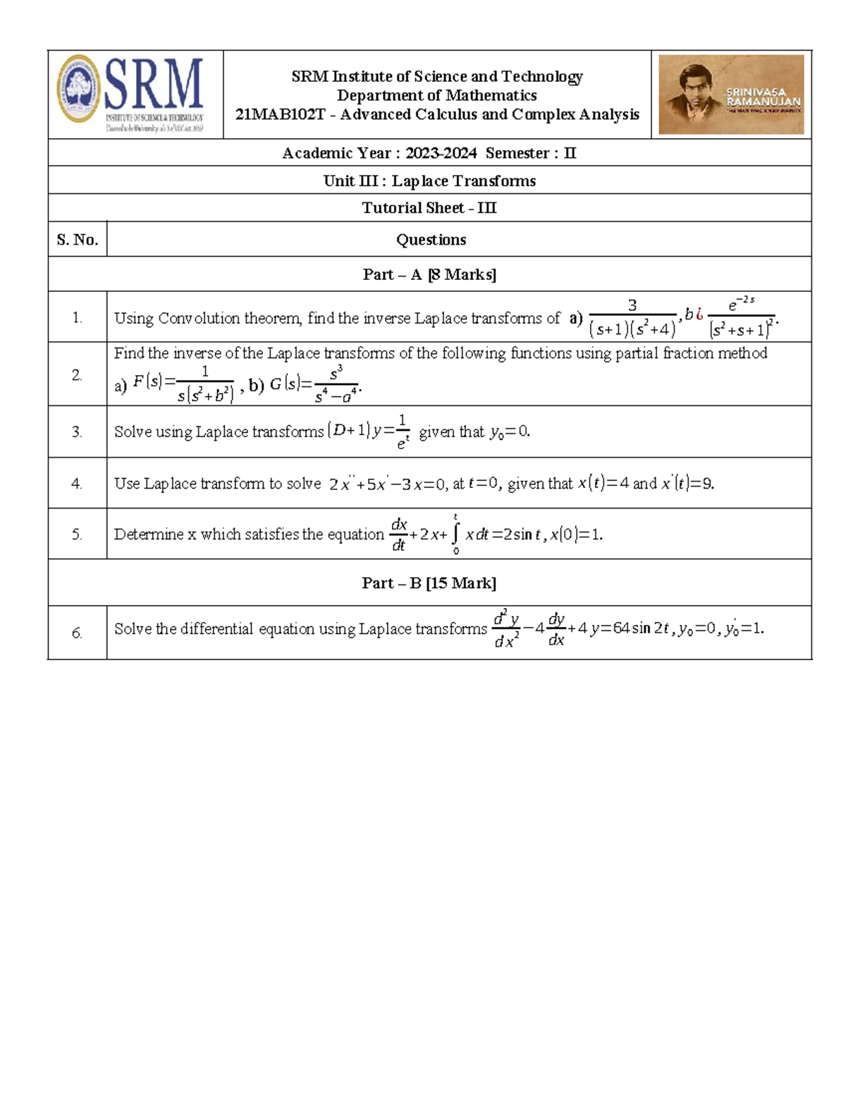 21MAB102T Advanced Calculus & Complex Analysis Unit 3 Tutorial 2023-24 ...