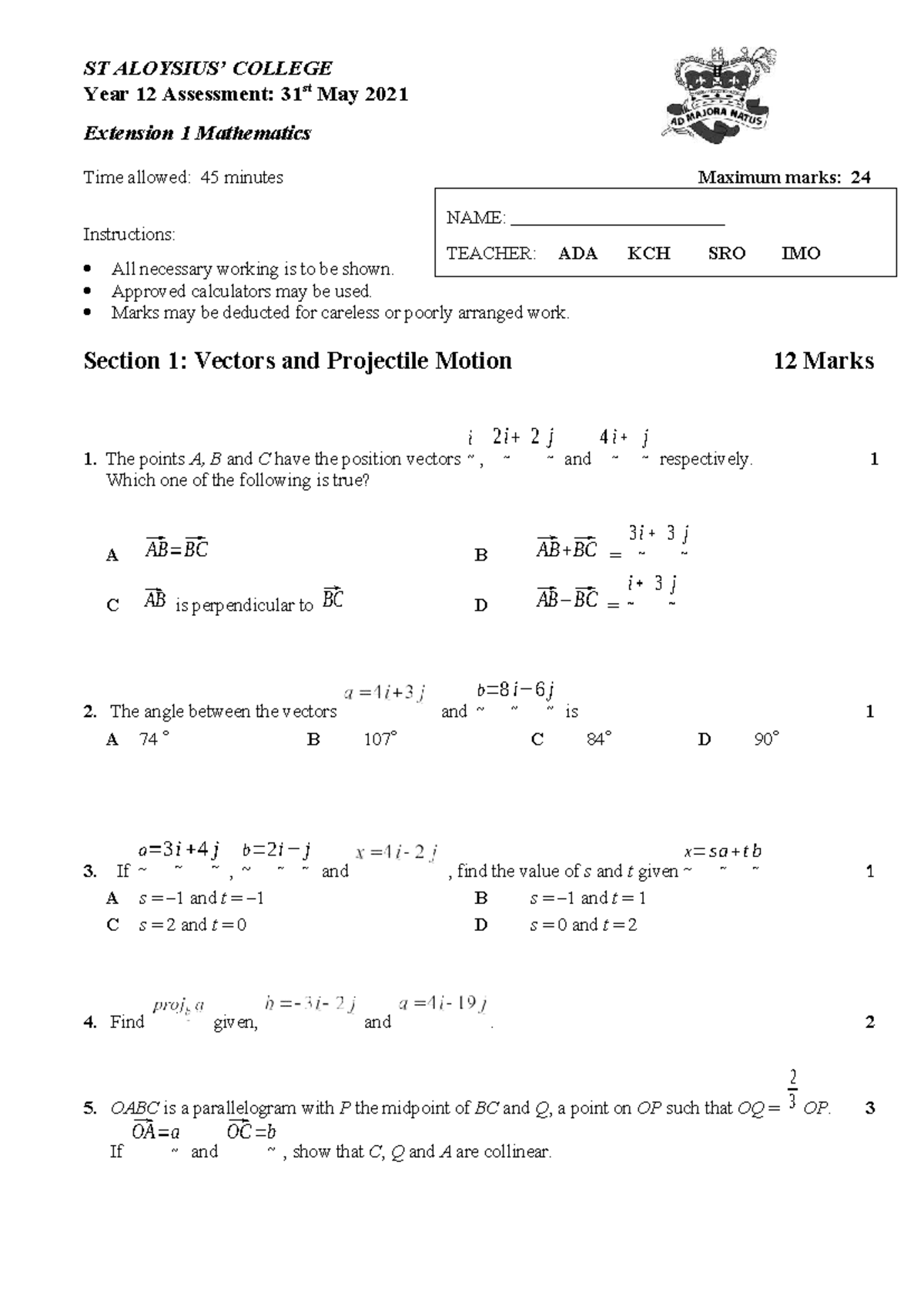 12 Ext1 T2 21 - Aloys past paper vectors - ST ALOYSIUS’ COLLEGE Year 12 ...