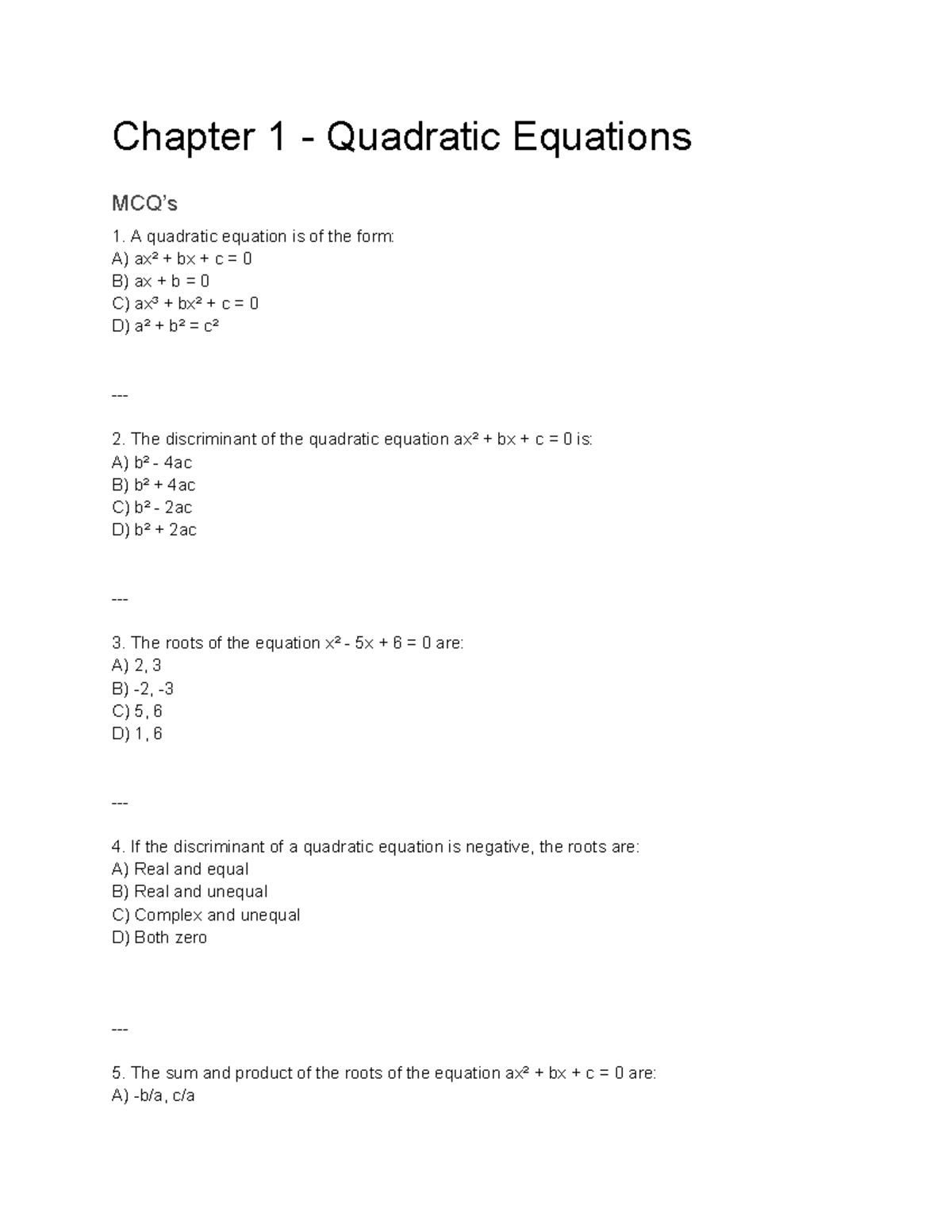 Chapter 1 - Quadratic Equations: Concepts and Solutions - Studocu