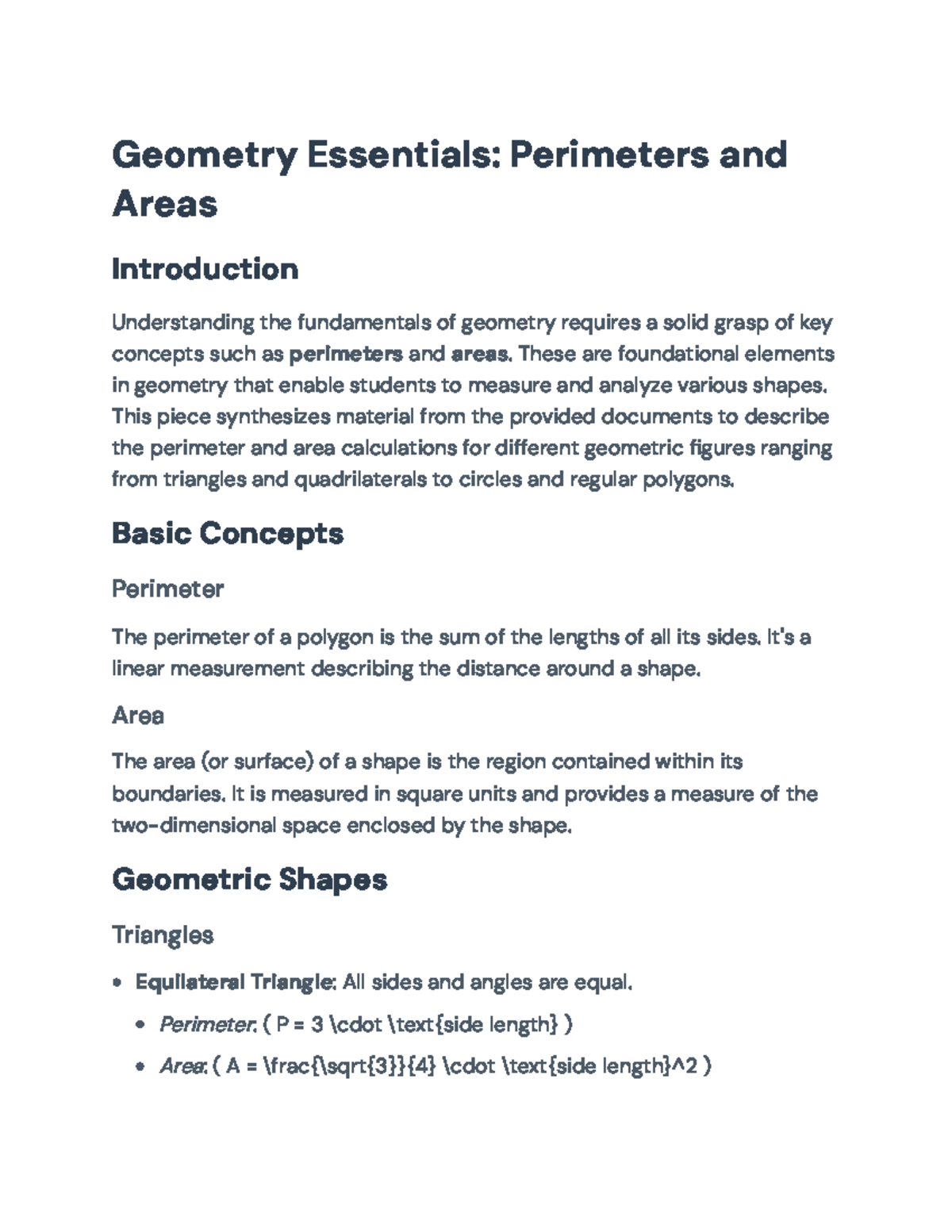 Geometry Essentials: Perimeters & Areas Calculations - Studocu