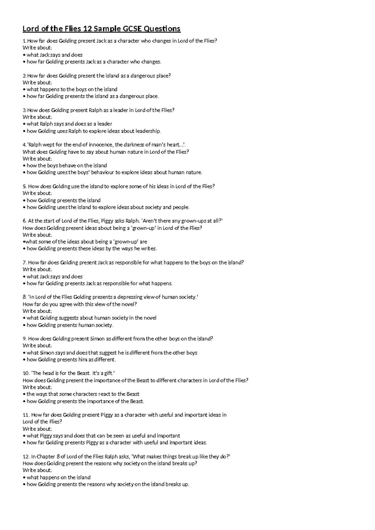 GCSE Lord of the Flies: 12 Sample Essay Questions & Insights - Studocu