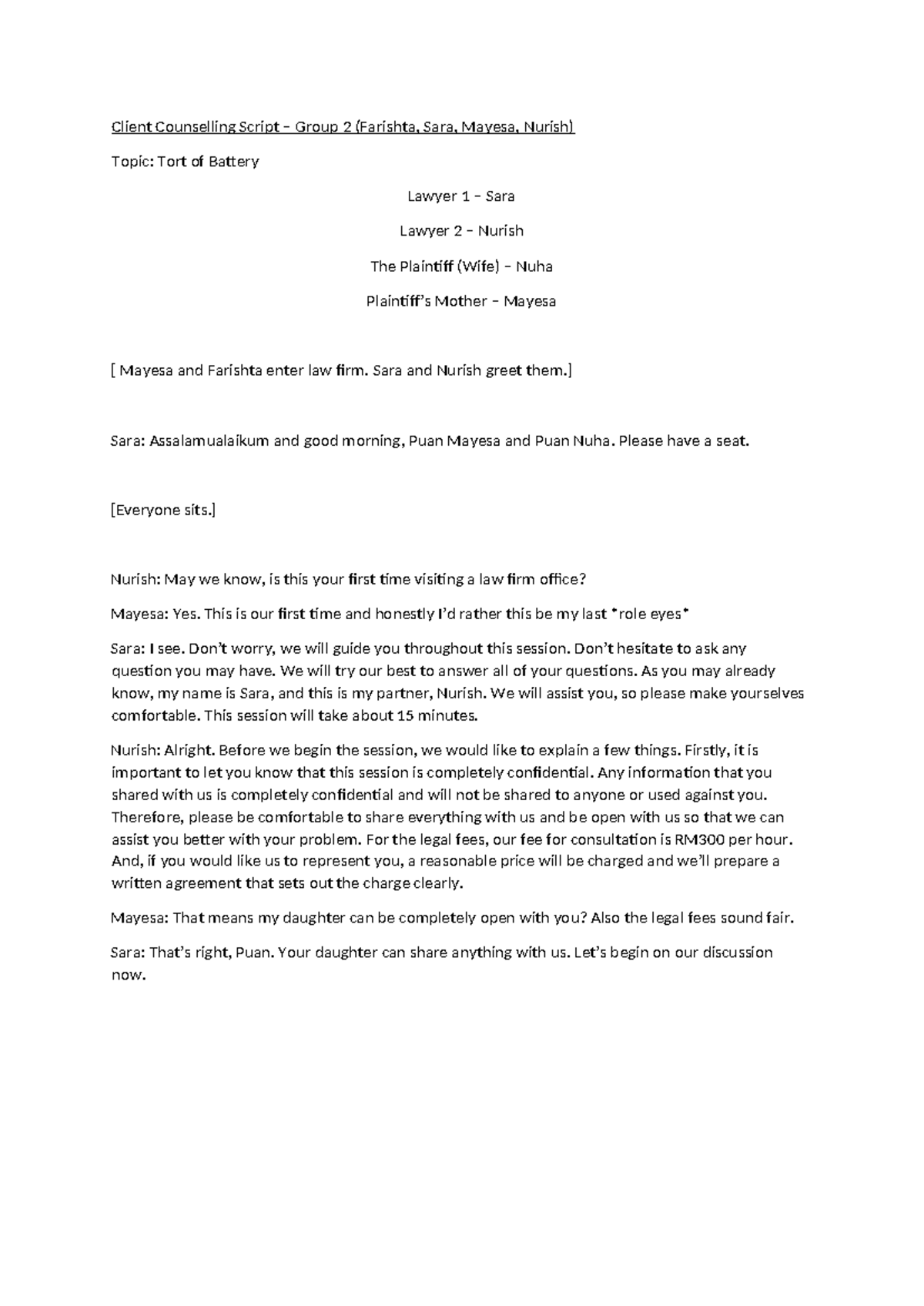 Client Counselling Script: Tort of Battery Case Study (Group 2) - Studocu