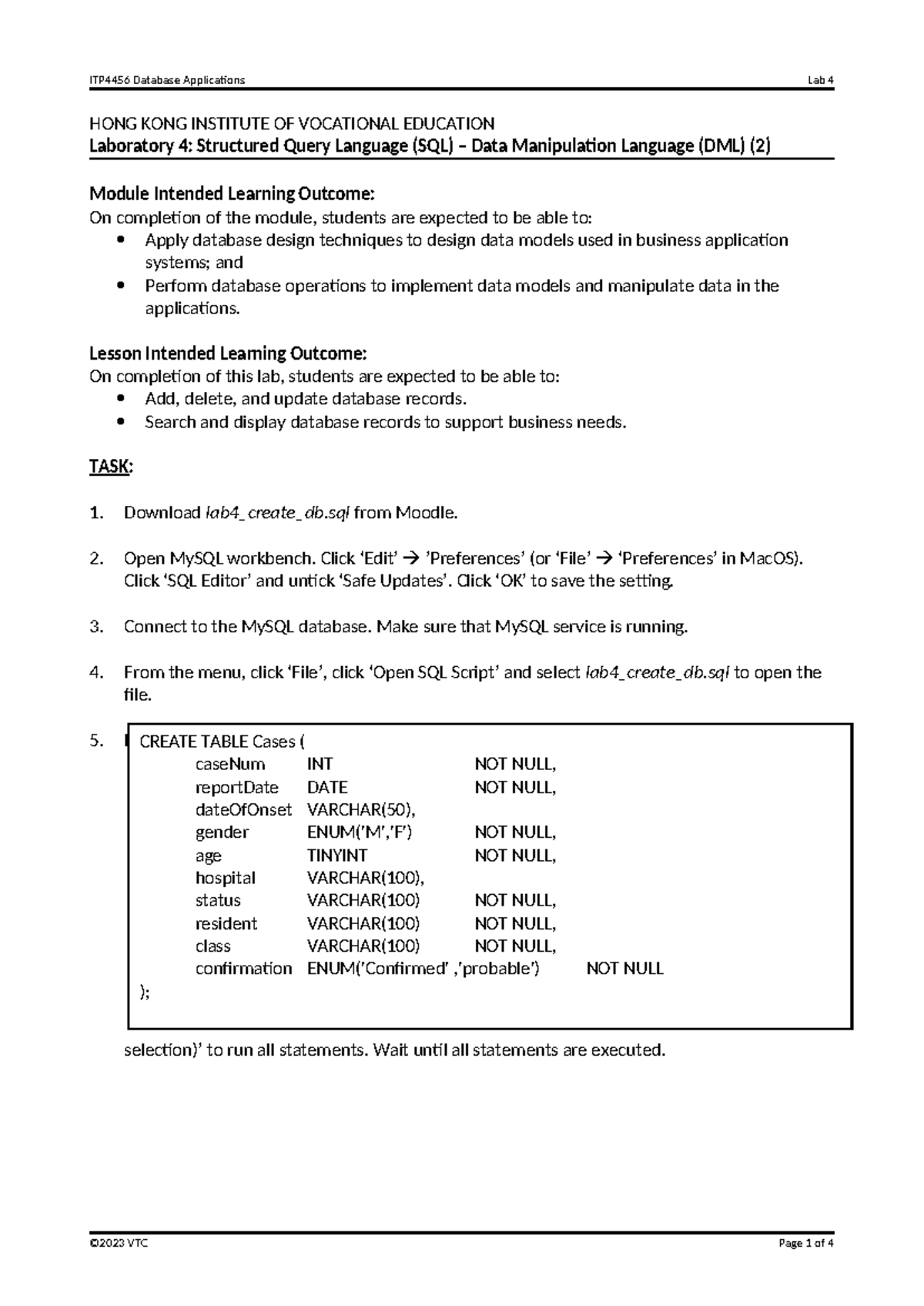 ITP4456 Database Applications Lab 4: SQL DML Exercises and Solutions ...