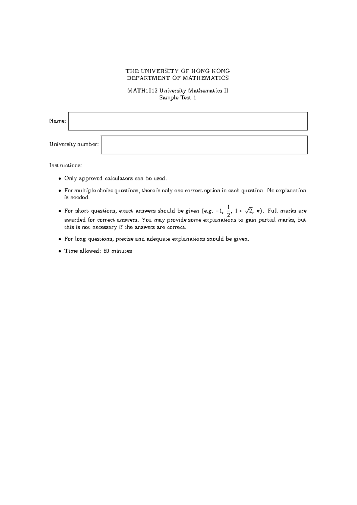 MATH1013 University Mathematics II Sample Test 1 - Studocu