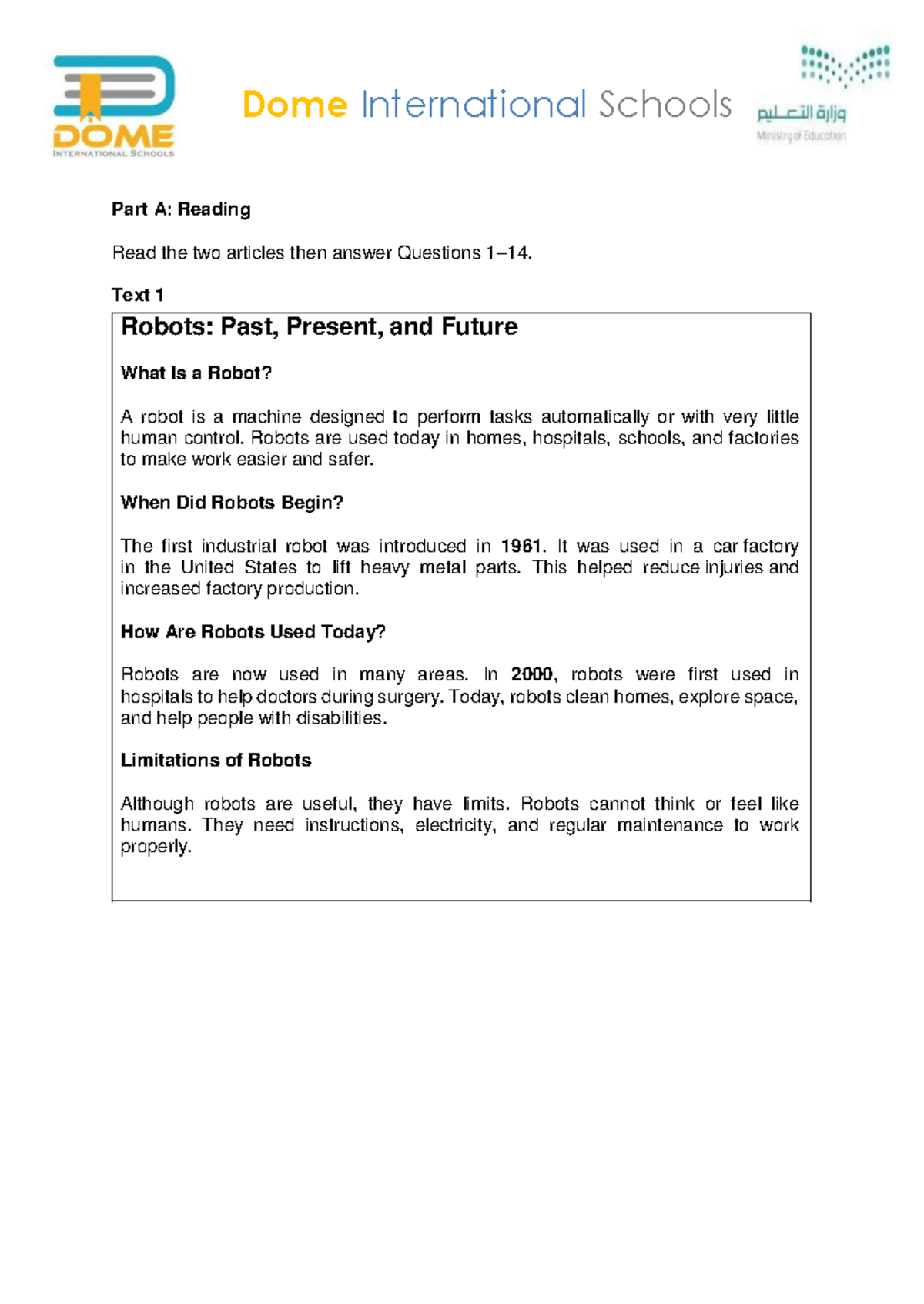 Grade 5 Mock Test: Understanding Robots - Part A Reading - Studocu