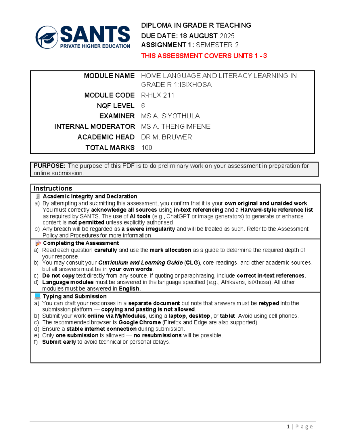 R-HLX 211: Home Language & Literacy Learning in Grade R1 - Assignment 1 ...