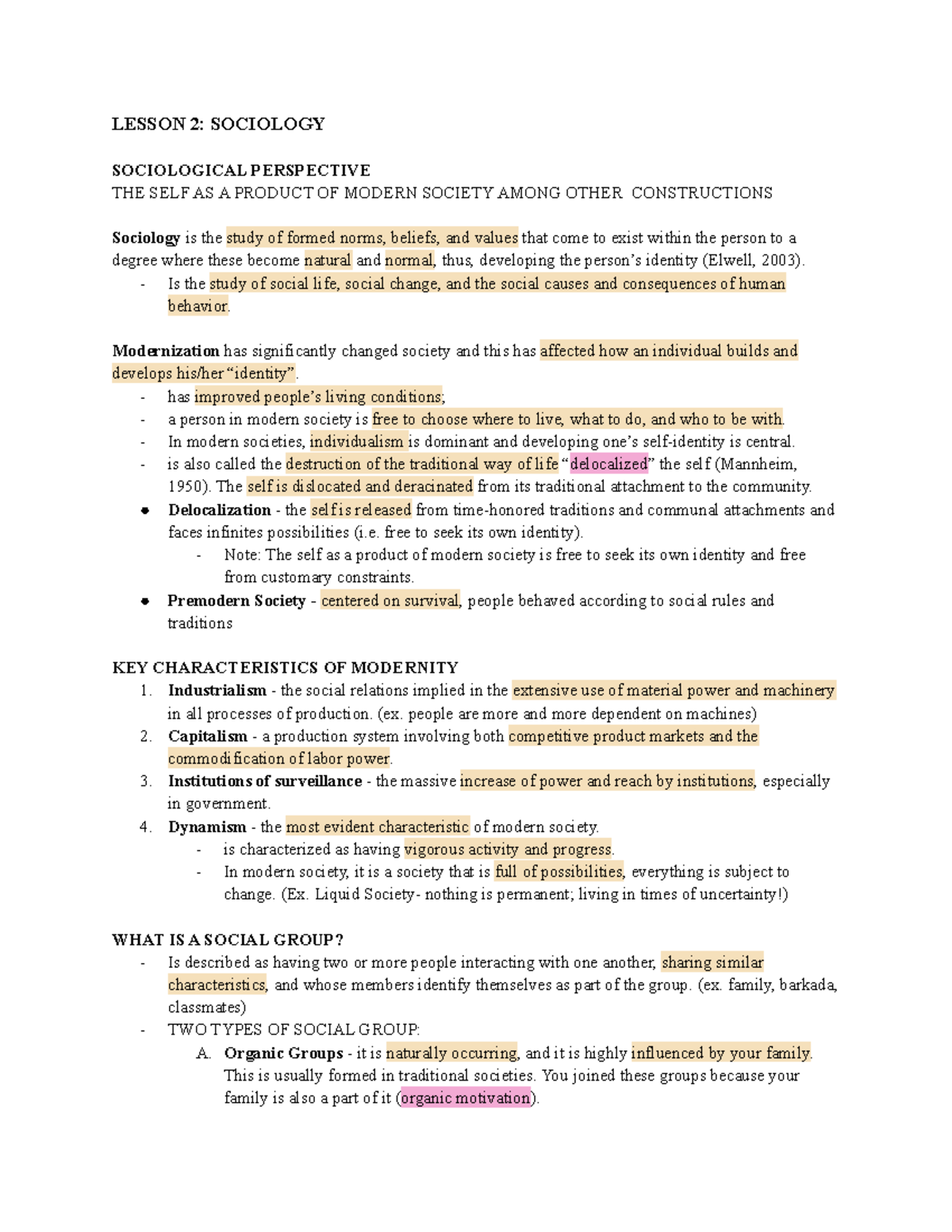Notes THSELF1 Sociology - LESSON 2: SOCIOLOGY SOCIOLOGICAL PERSPECTIVE ...
