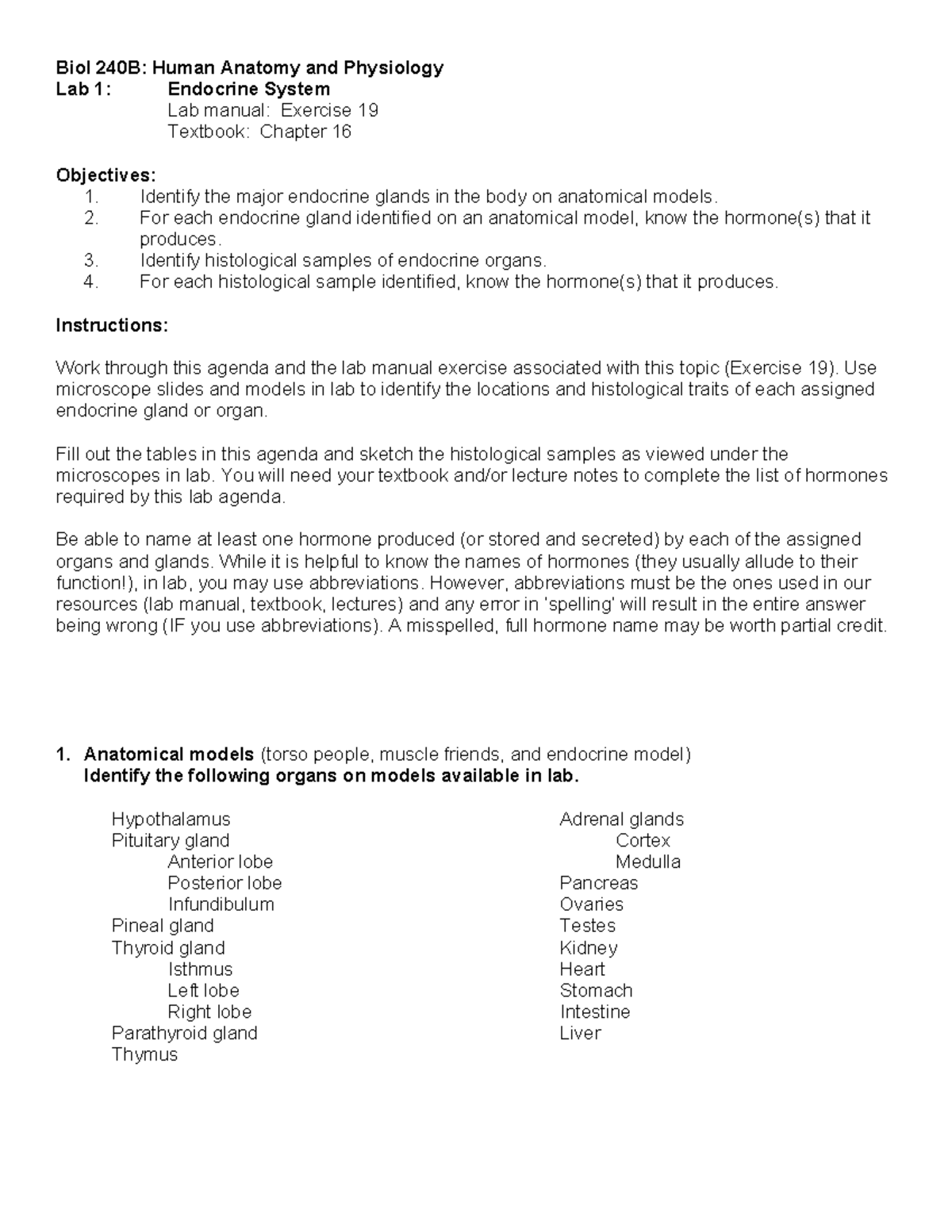 Biol 240B Lab 1 Agenda: Exploring the Endocrine System - Studocu