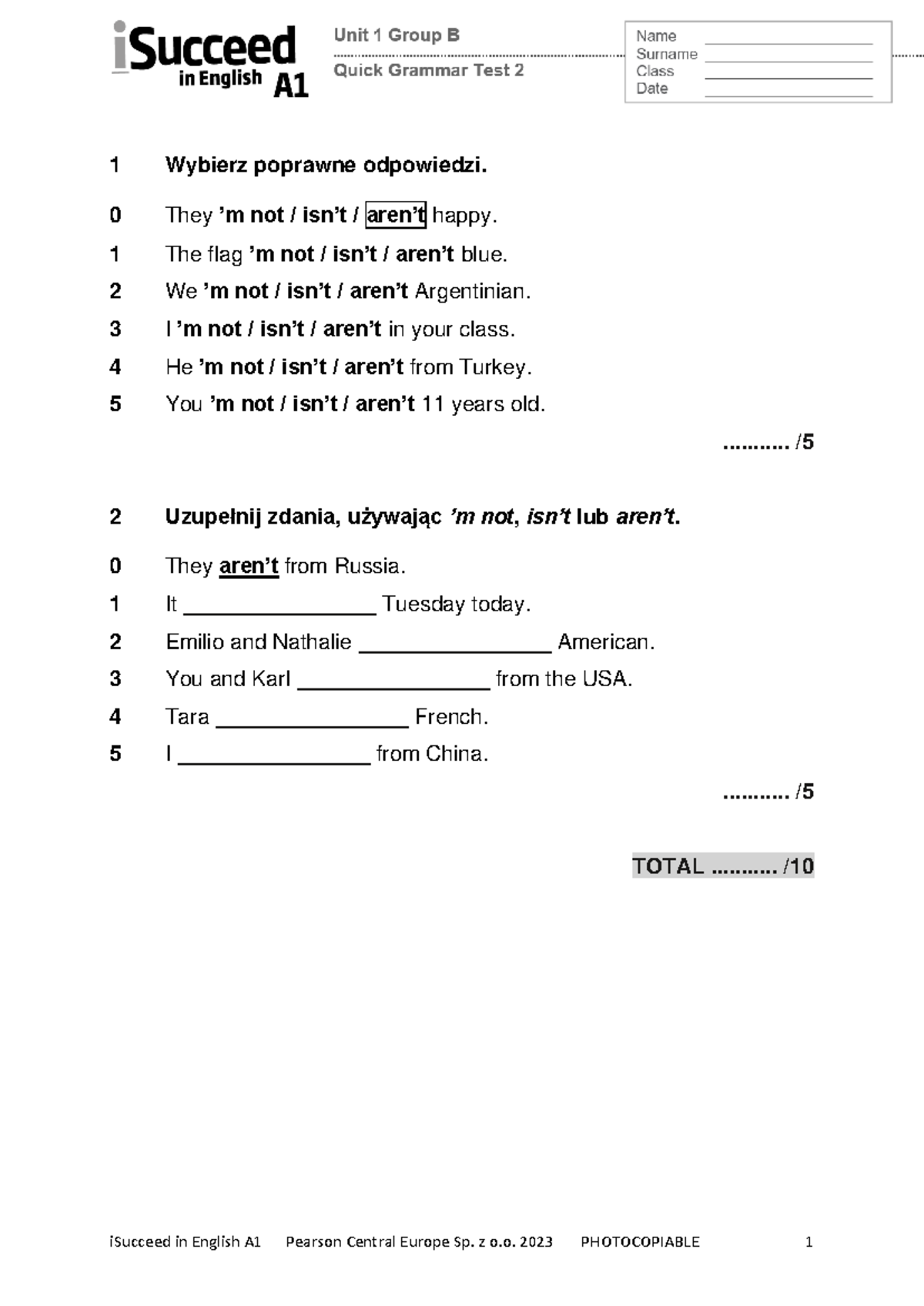 I Succeed A1 Unit 1 Quick Grammar Test 2 Group B Final - iSucceed in ...