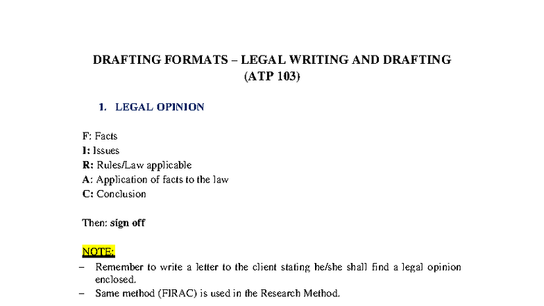 Drafting Formats for Legal Writing (ATP 103) - Studocu