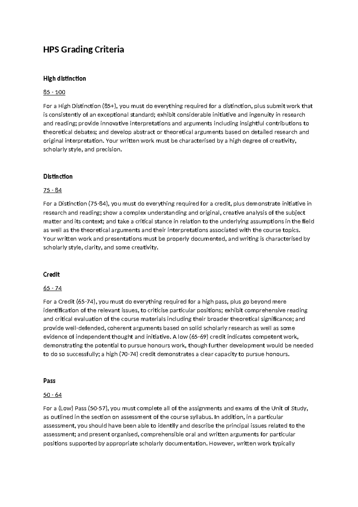 HPS Grading Criteria: Breakdown of High Distinction to Pass Standards ...