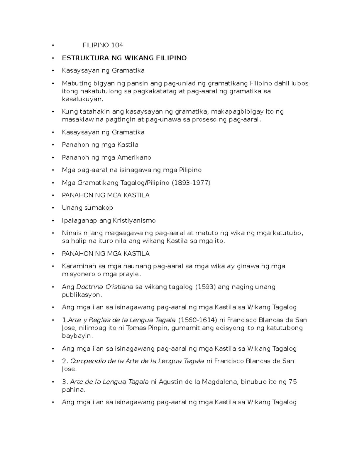 FILIPINO 104 KASAYSAYAN NG GRAMATIKA NG WIKANG FILIPINO - Studocu