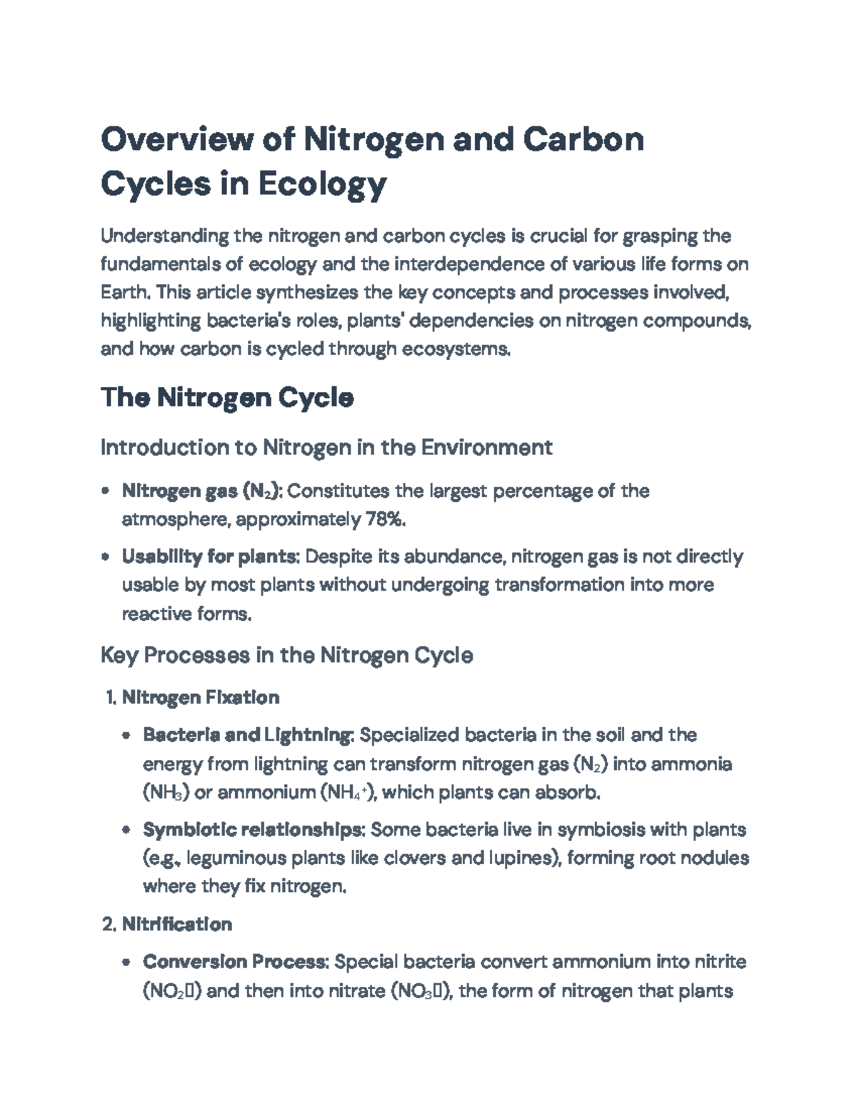 Overview of Nitrogen and Carbon Cycles in Ecology (BIO 101) - Overview ...