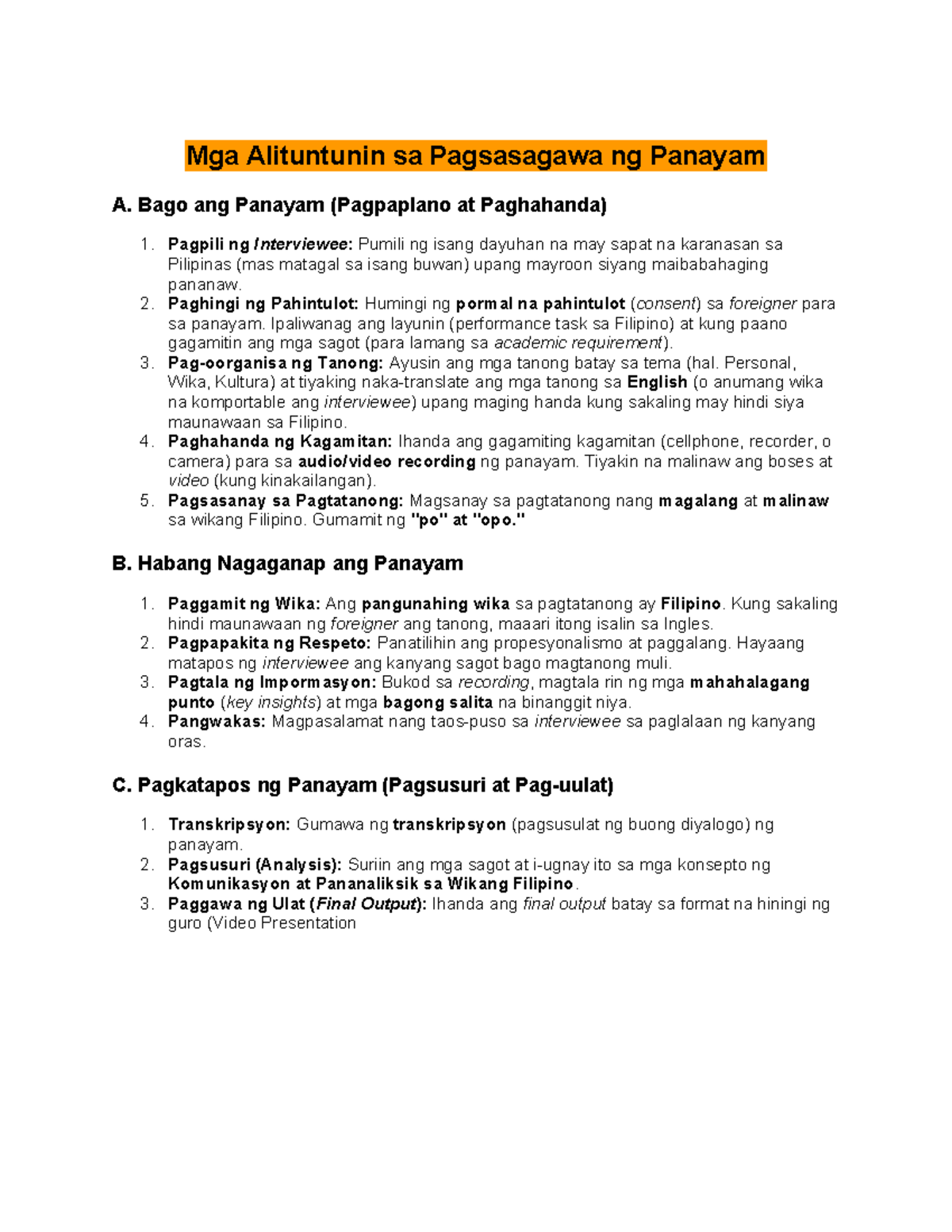 Mga Alituntunin sa Pagsasagawa ng Panayam sa Filipino (Final Output ...