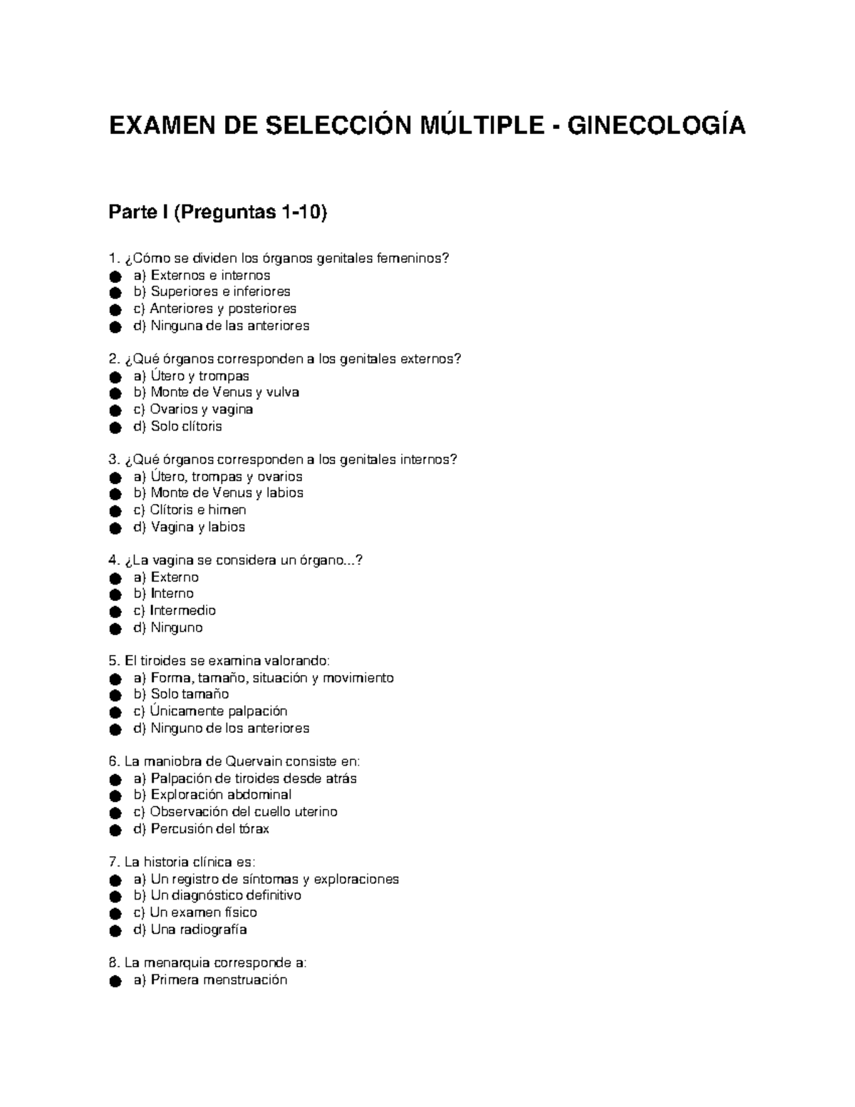 Examen de Selección Múltiple Ginecología - Parte I y II - Studocu