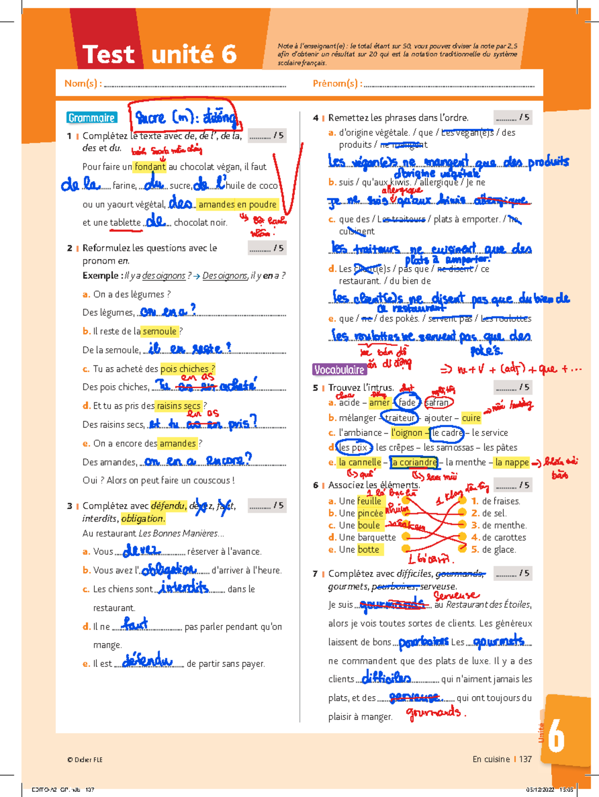 Unité 6: Grammaire et Vocabulaire - Test sur 50 Points - Studocu
