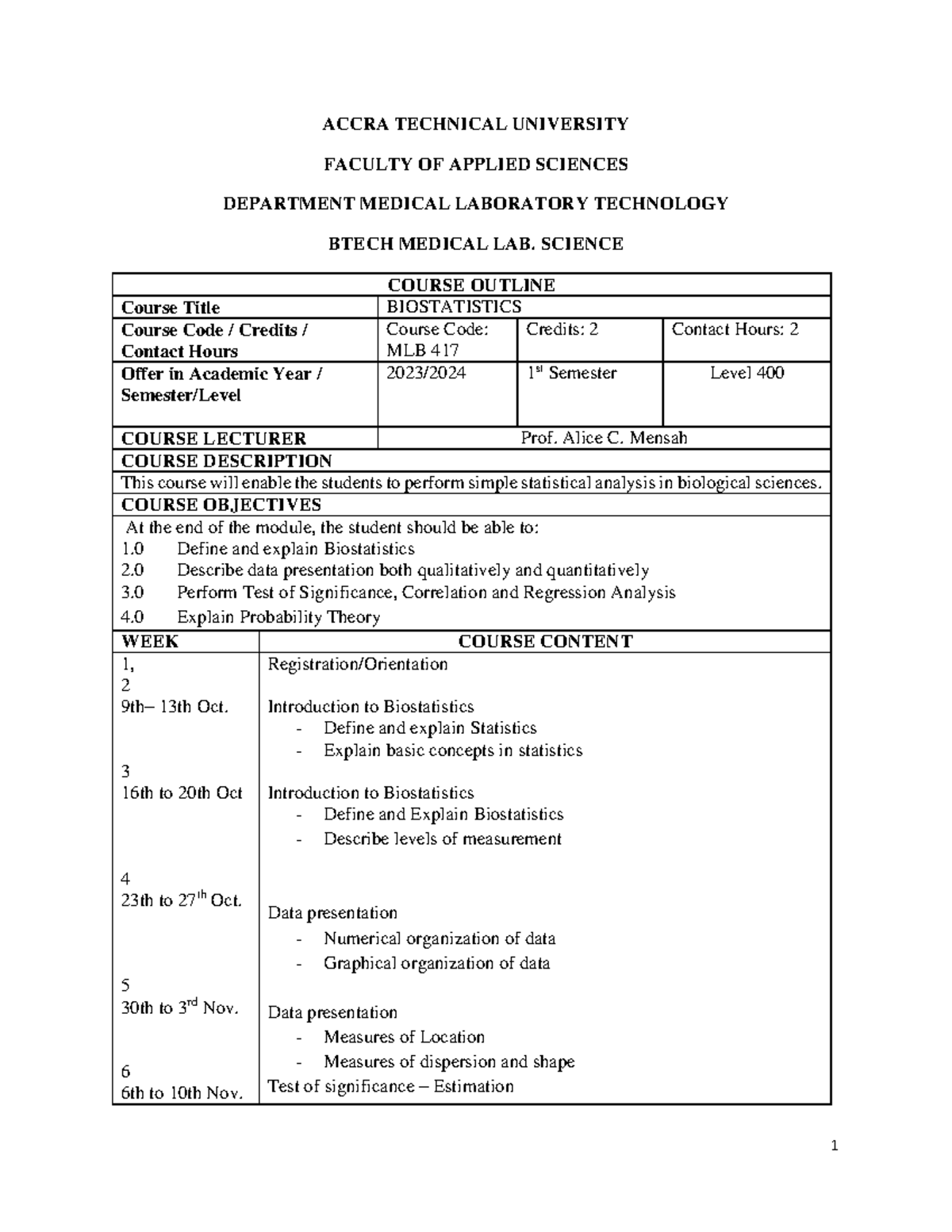 MLB 417 Biostatistics Course Outline - 1st Semester 2023/2024 - Studocu