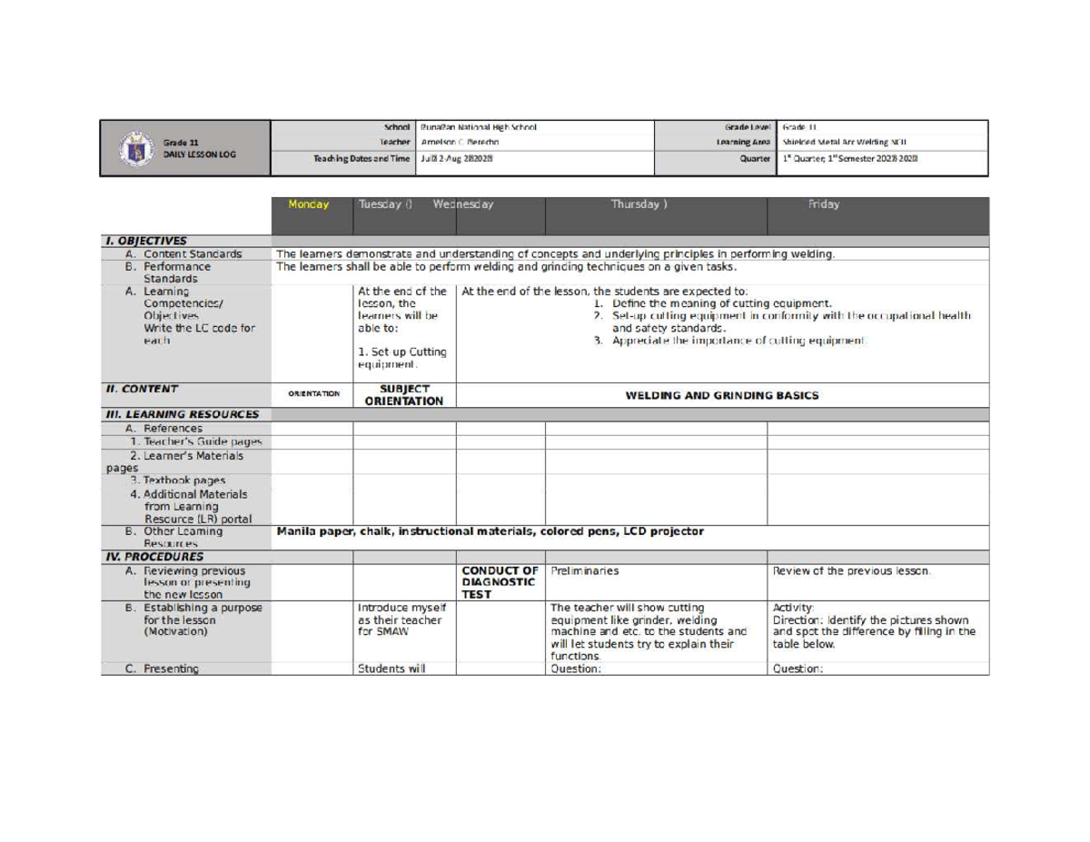 SMAW NCII Daily Lesson Log for Grade 11 - 1st Quarter - Studocu