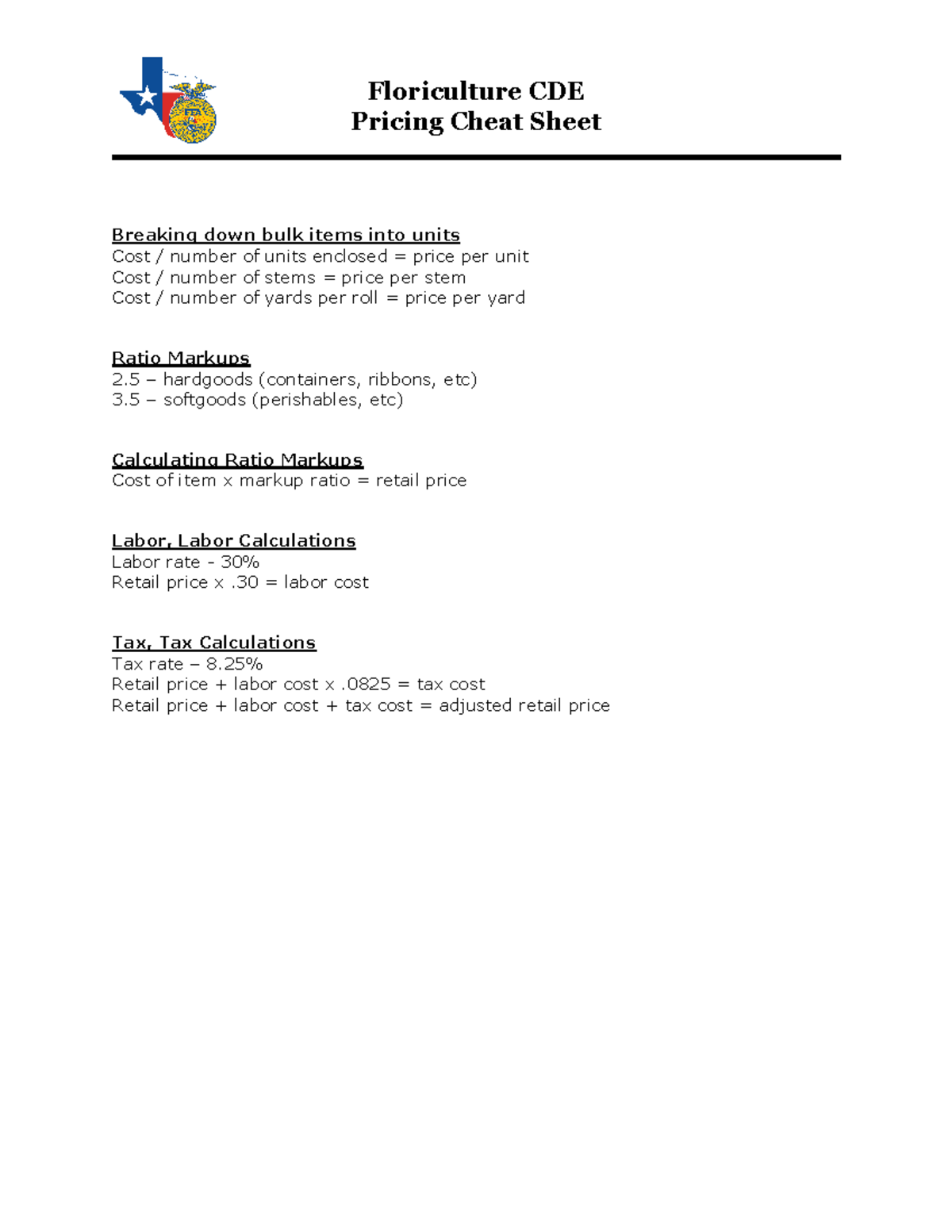 Floriculture Pricing Cheat Sheet 2022-2026 64298 - Floriculture CDE ...
