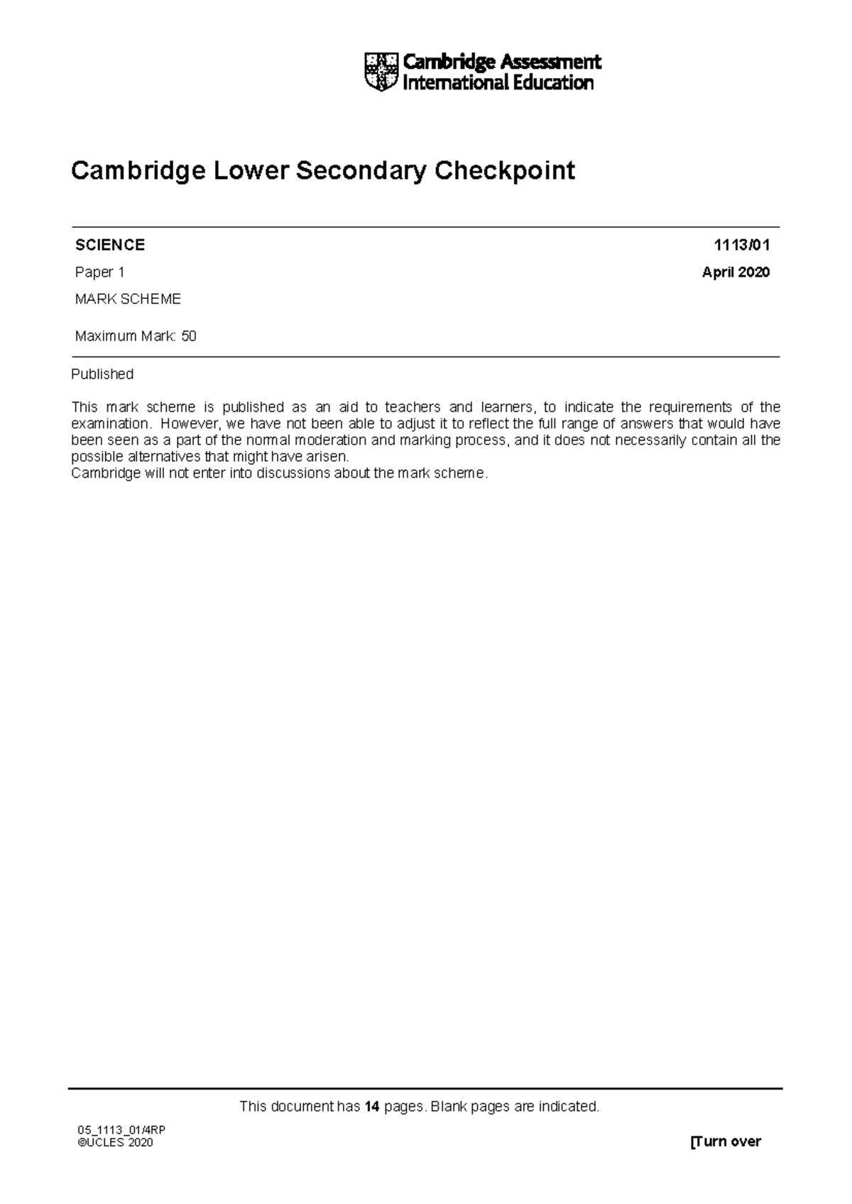 Cambridge Lower Secondary Checkpoint SCIENCE Paper 1 Mark Scheme ...