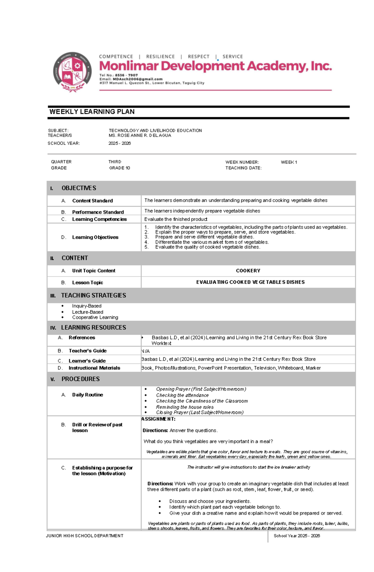 W1 Learning Plan: TLE for 3rd Grade (SY 2025-2026) - Studocu
