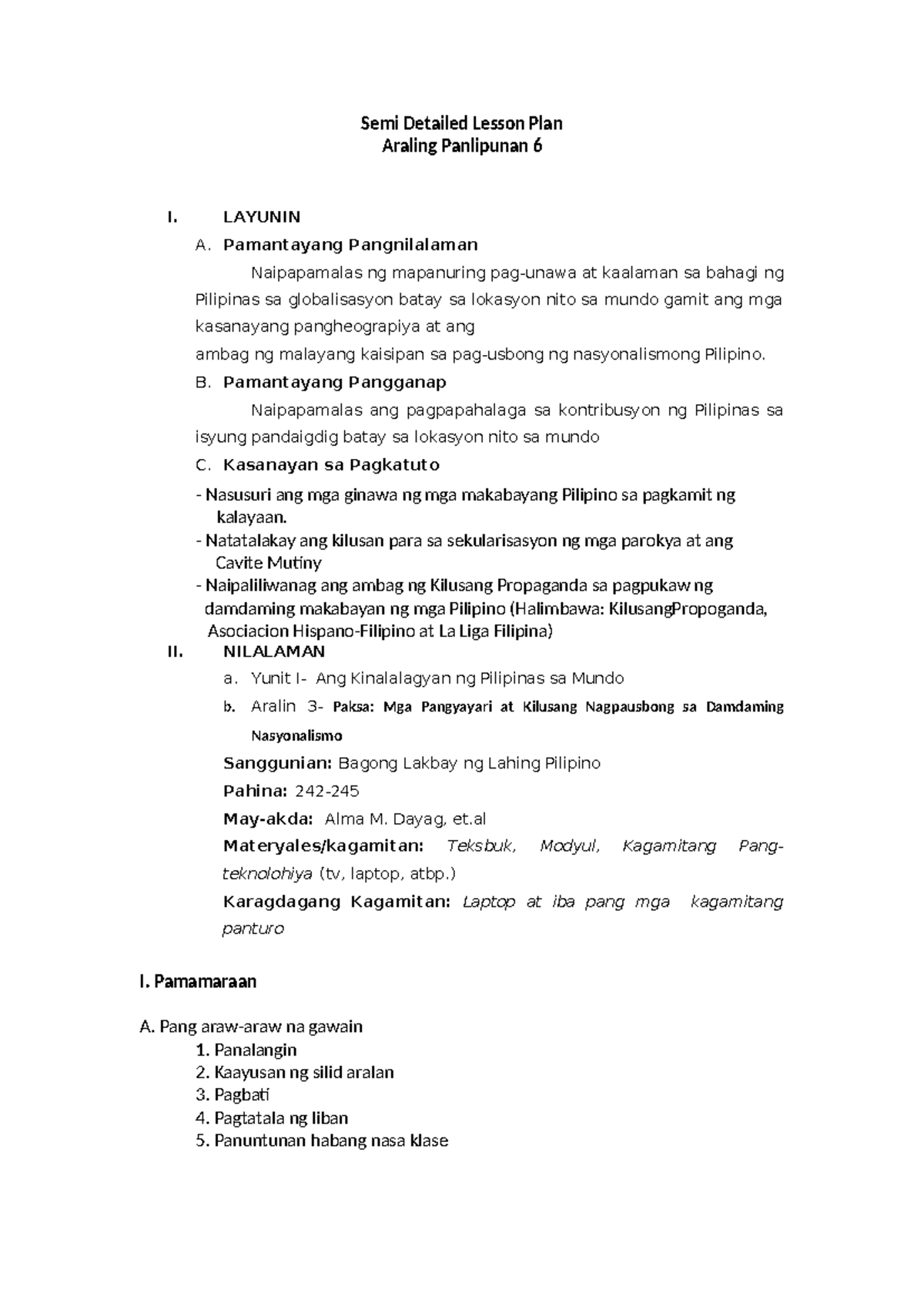 Semi-Detailed Lesson Plan for Araling Panlipunan 6: Globalization ...
