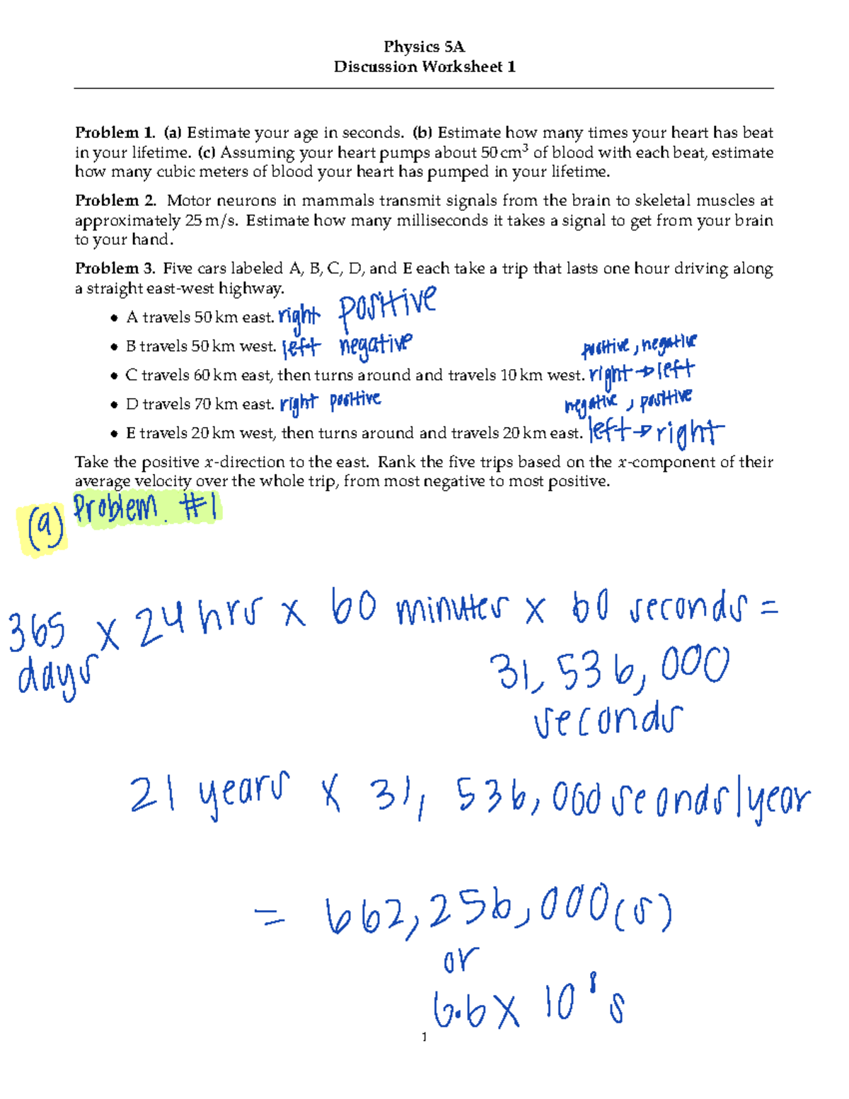 Physics 5A Discussion Worksheet 1: Estimating Age, Heartbeats, and ...