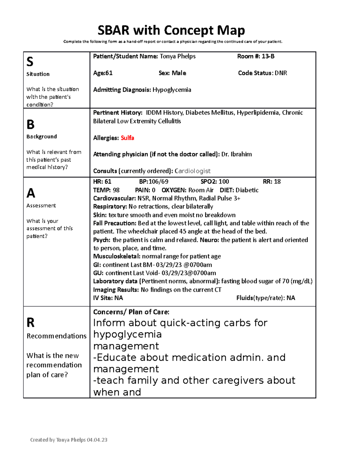 SBAR Report on Hypoglycemia Management - Patient Care Overview - Studocu