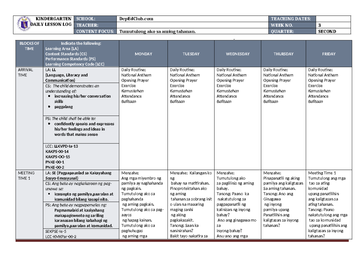 DLL Kinder Q2 W3: Daily Lesson Log for Kindergarten - Studocu