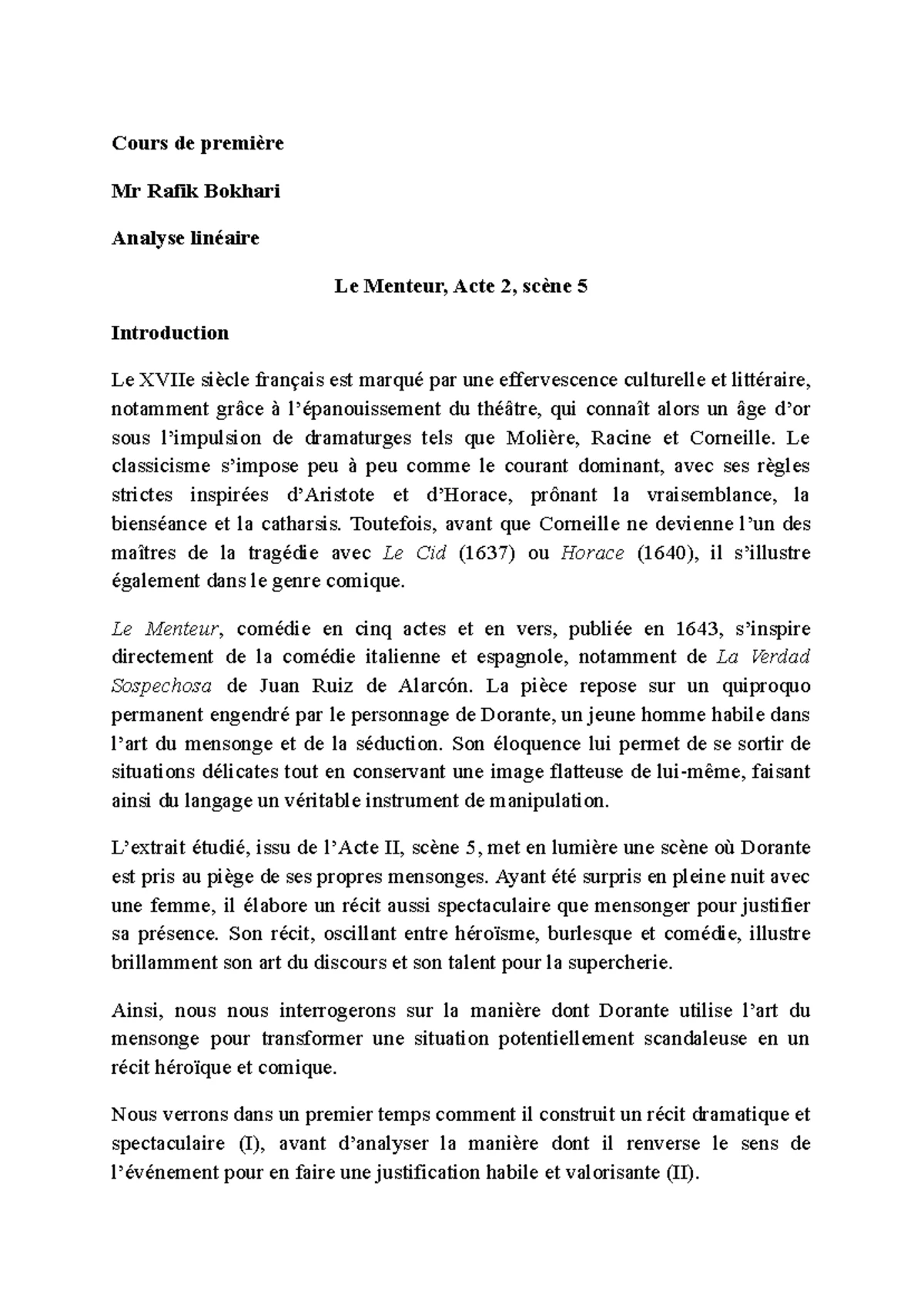 Analyse linéaire : Le Menteur de Corneille, Acte 4, Scène 3 - Prof. Chaimae-H - Studocu