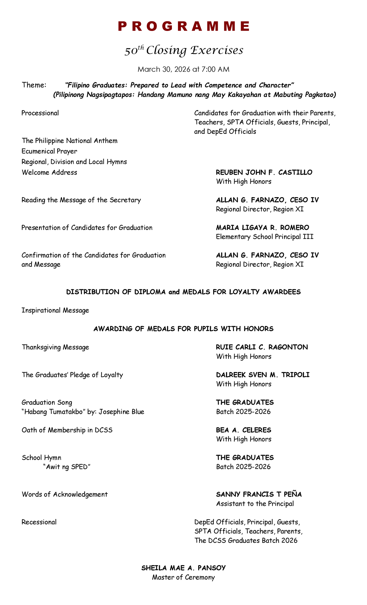 50th Closing Exercises Programme - Graduates Batch 2026 - Studocu