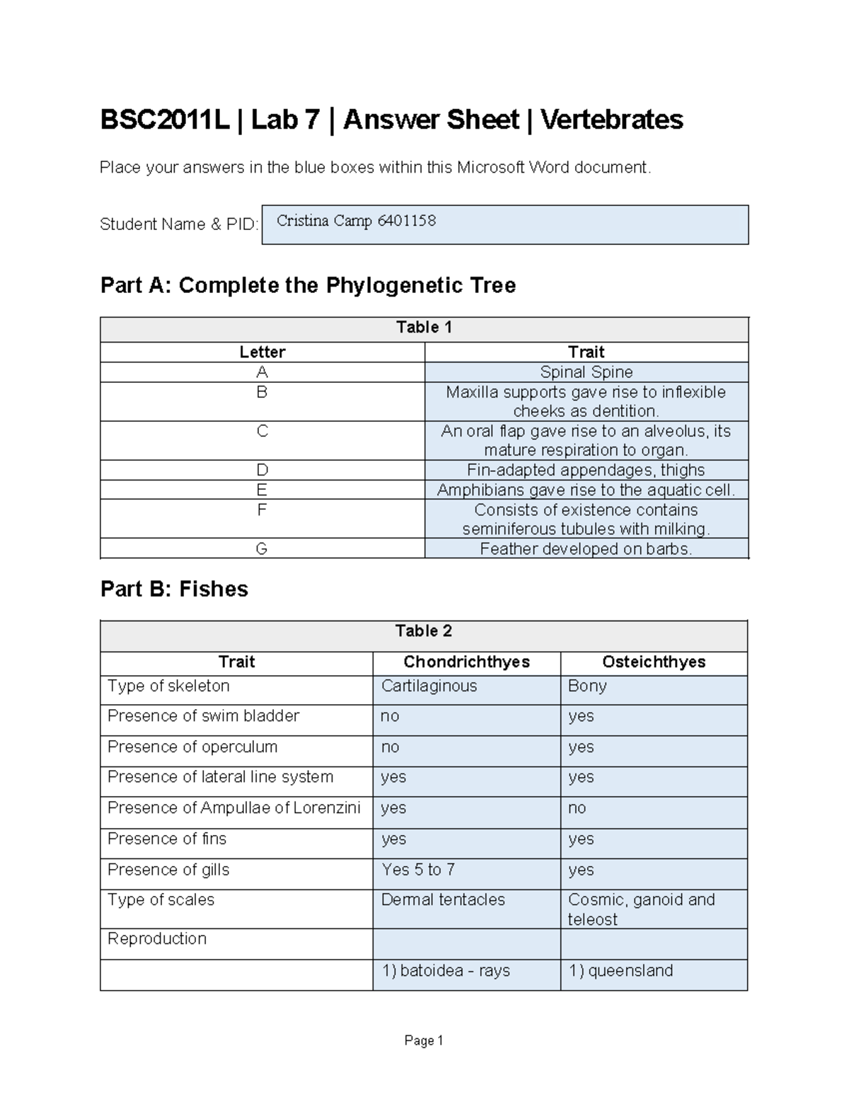 BSC2011L Lab 7 Answer Sheet: Vertebrate Anatomy and Physiology - Studocu