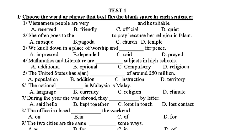 Practice English Tests (50) - Vocabulary and Grammar Exercises - Studocu