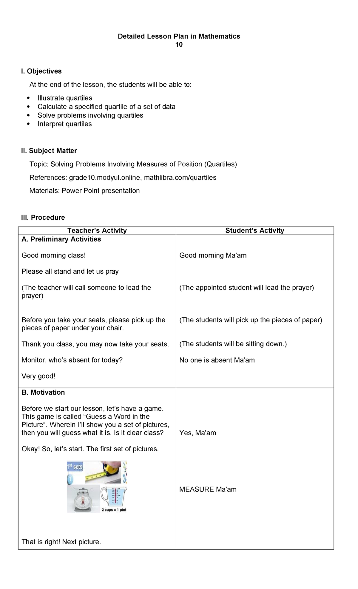 Mathematics 10: Detailed Lesson Plan on Quartiles - Studocu