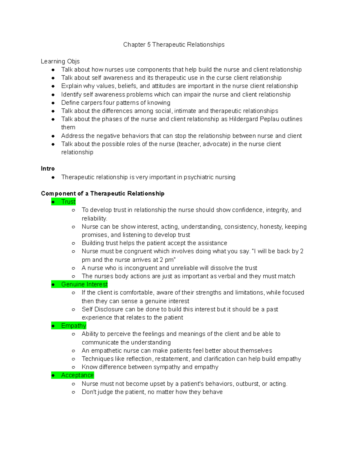 Chapter 5: Building Therapeutic Relationships in Nursing - Studocu