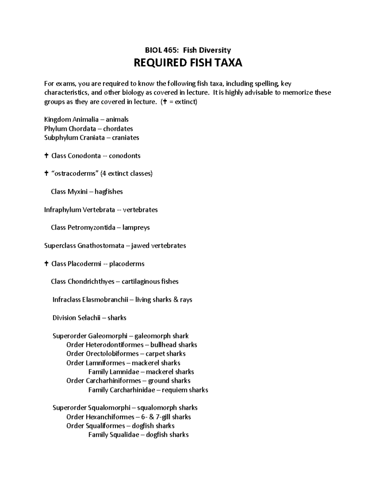 BIOL 465: Required Fish Taxa for Exam Study Guide - Studocu