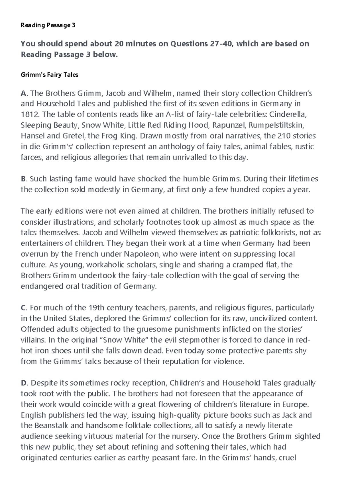 Grimm’s Fairy Tales - good - Reading Passage 3 You should spend about ...