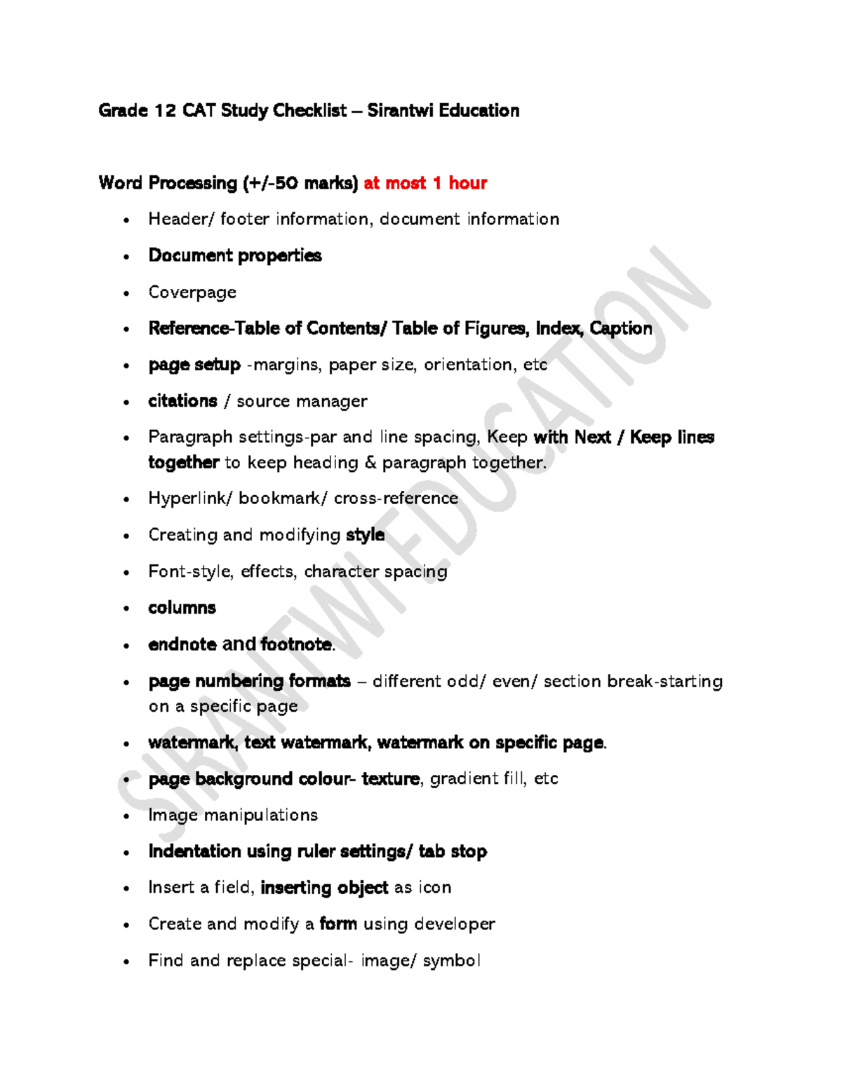 Grade 12 CAT Study Checklist: Word Processing & Web Design - Studocu