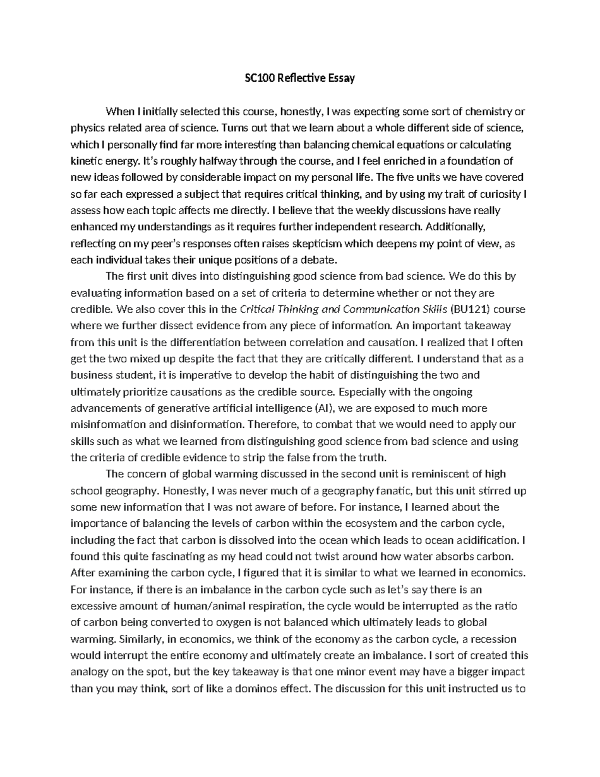 SC100 Reflective Essay: Insights on Science and Personal Growth - Studocu