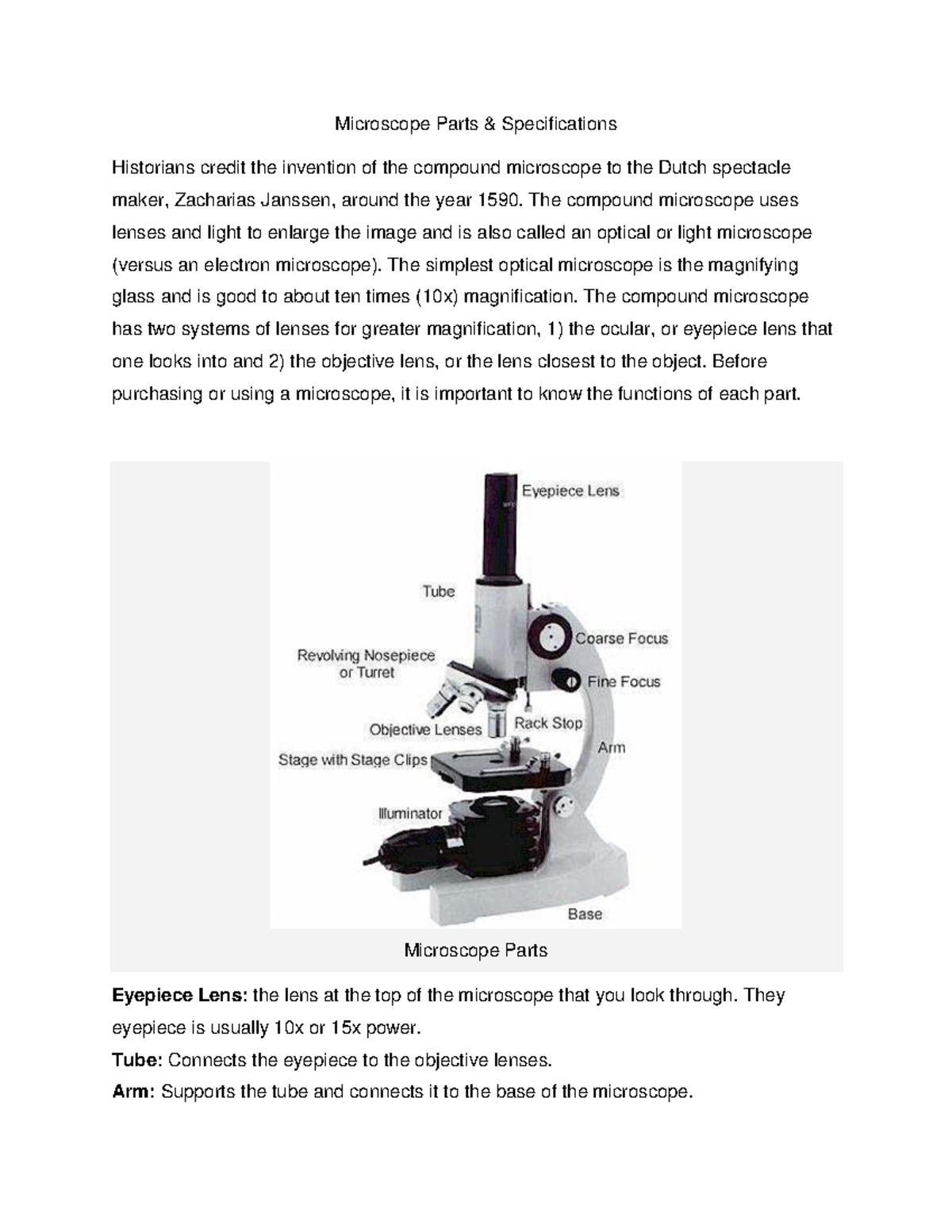 Microscope Parts Overview: Key Specifications and Functions - Studocu