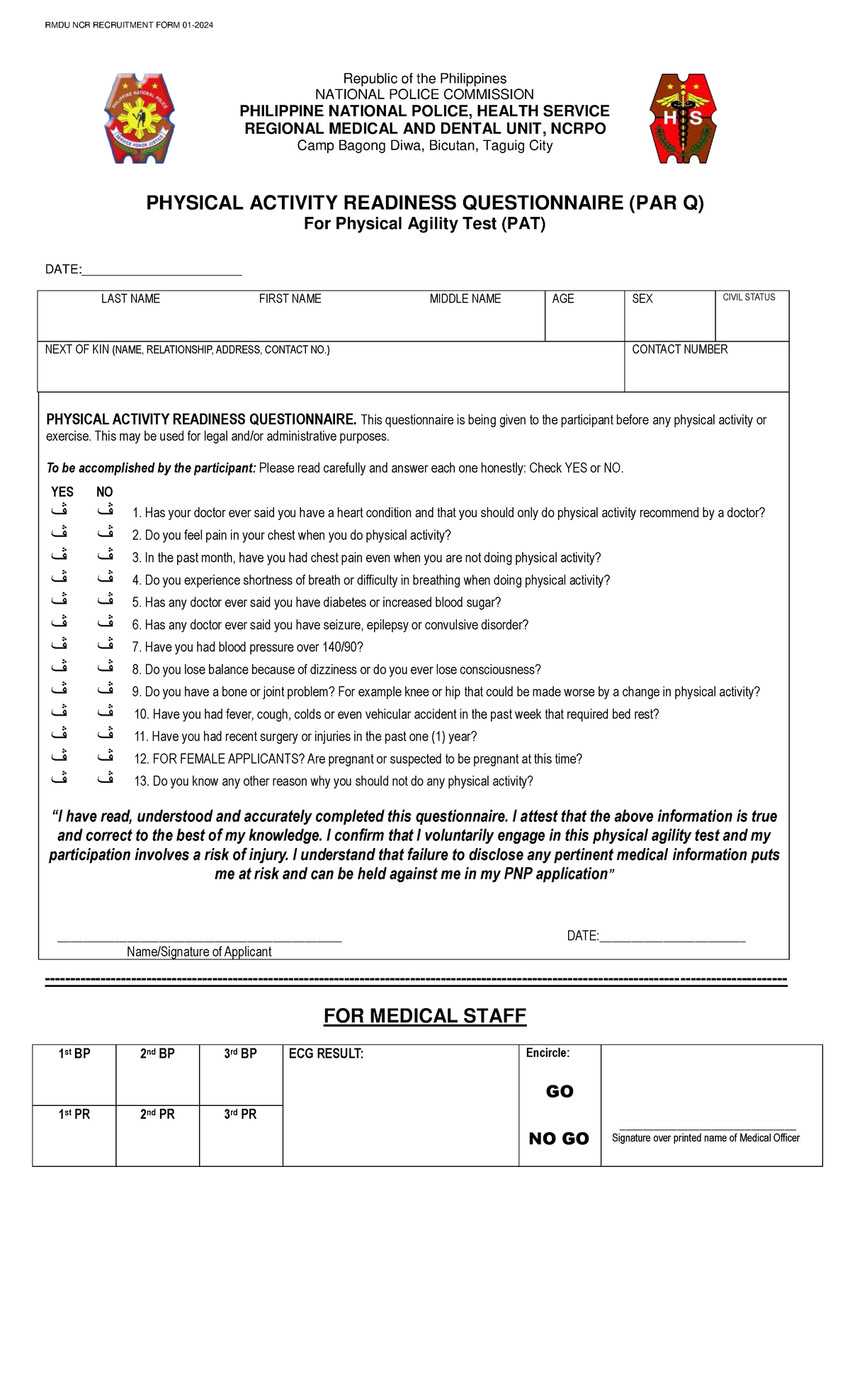 RMDU NCR Physical Activity Readiness Questionnaire (PAR-Q) for PAT ...