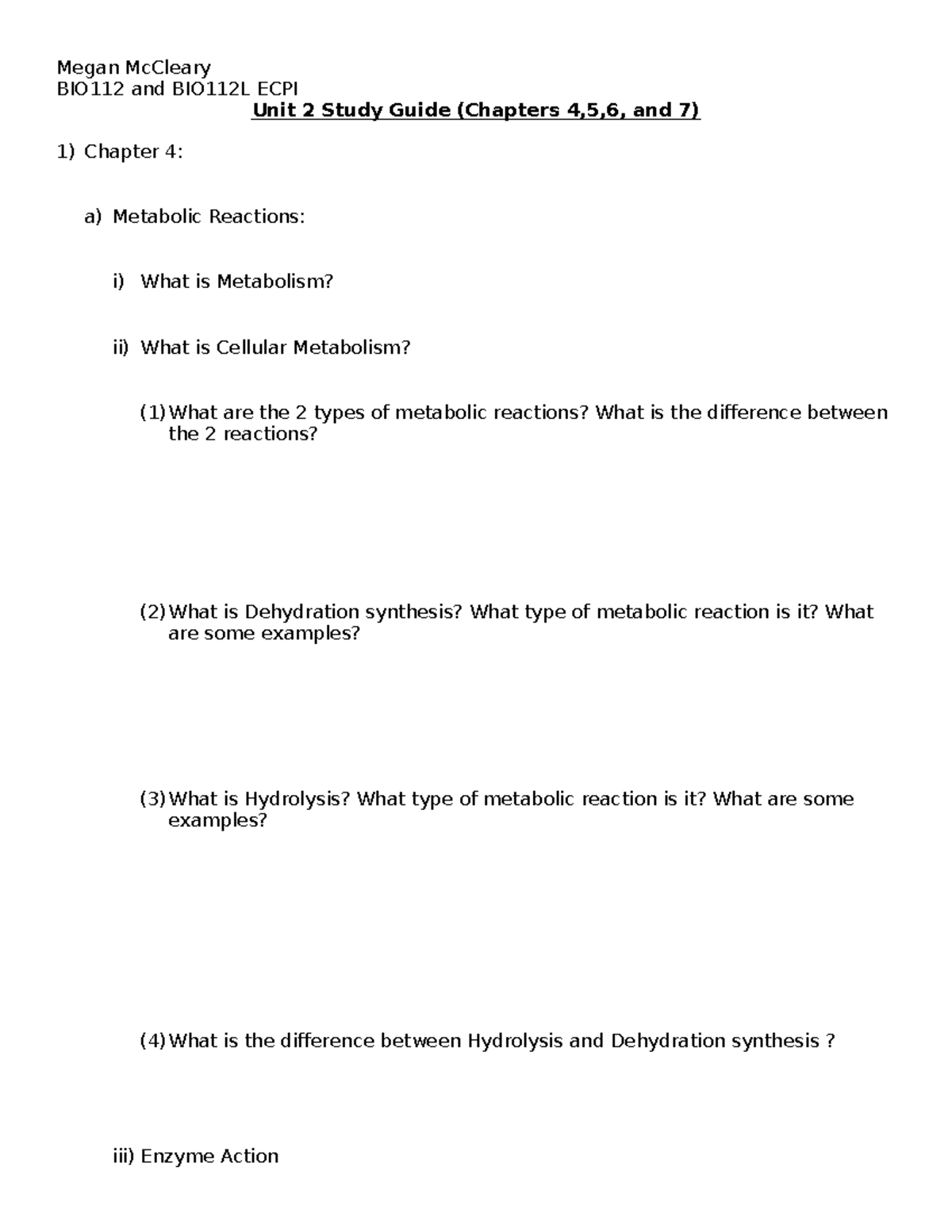 Unit 2 study guide AP1 - Megan McCleary BIO112 and BIO112L ECPI Unit 2 ...