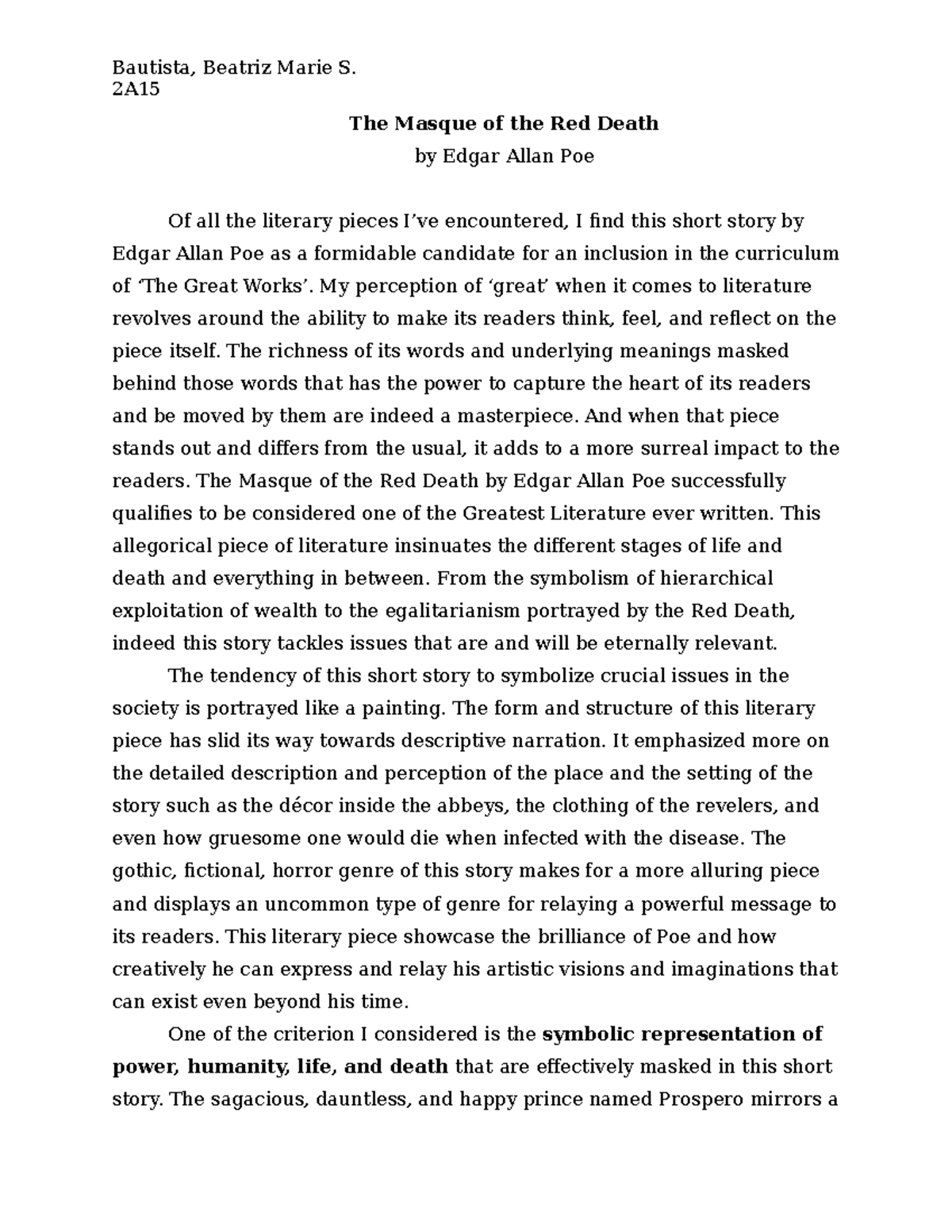 ENG 2A: Case Analysis of "The Masque of the Red Death" by Poe - Studocu
