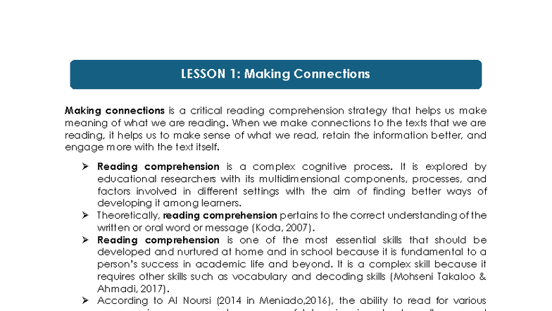 LESSON 1: Making Connections in Reading Comprehension - Studocu