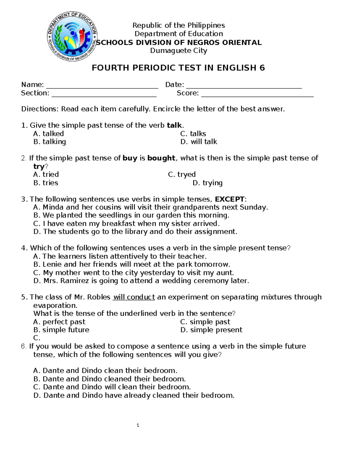 Fourth Periodic Test in English VI Q4: Answer Key & Practice Questions ...
